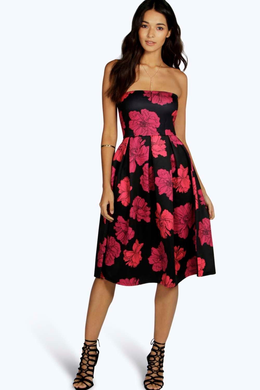 Lucinda Floral Print Bandeau Midi Skater Dress At