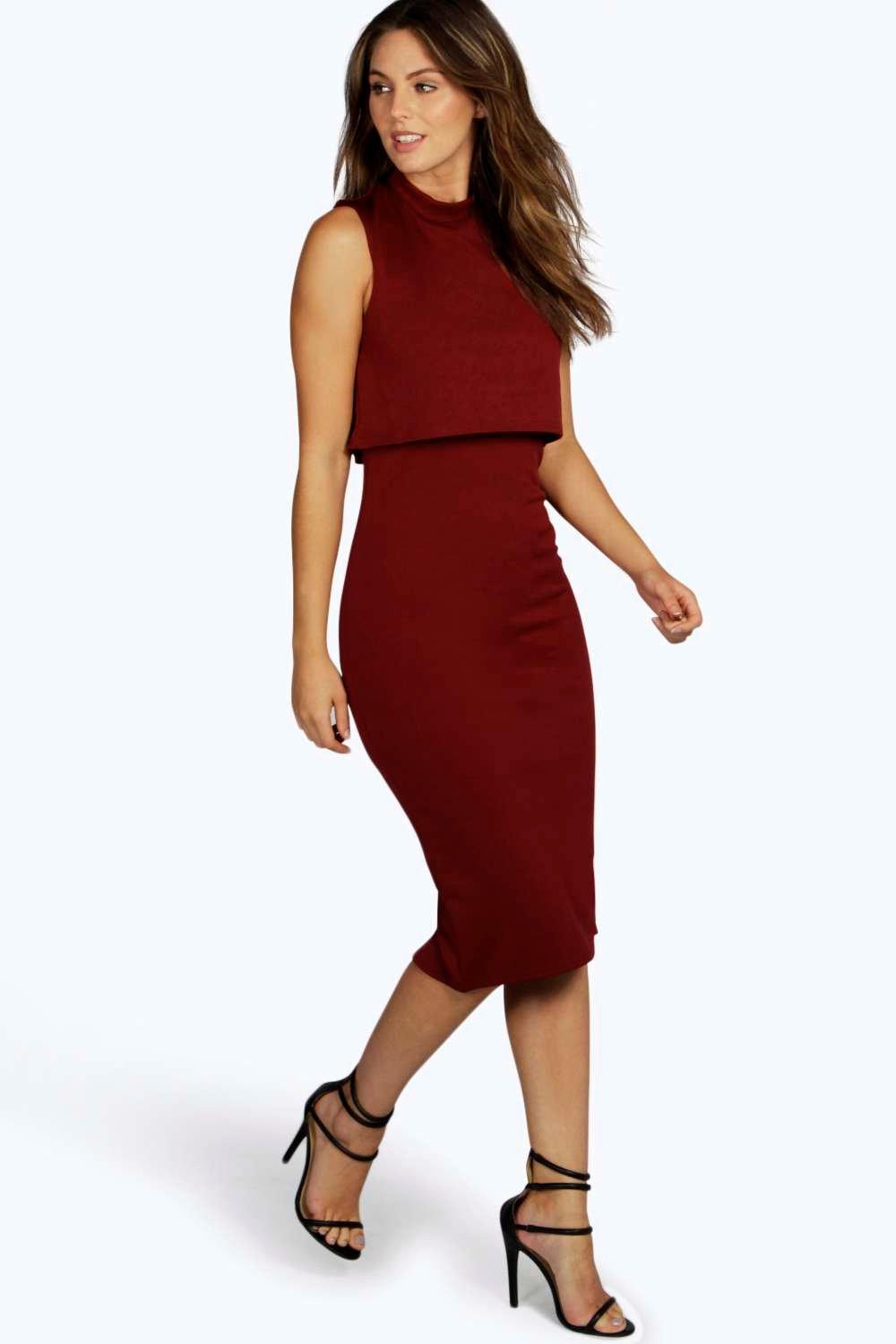 Boohoo Womens Leah High Neck Double Layer Midi Dress Ebay