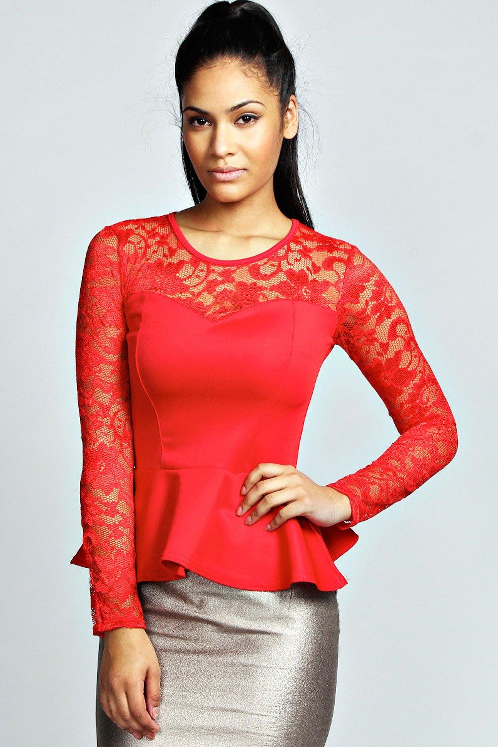 Boohoo Womens Alannah Lace Long Sleeve Peplum Top Ebay
