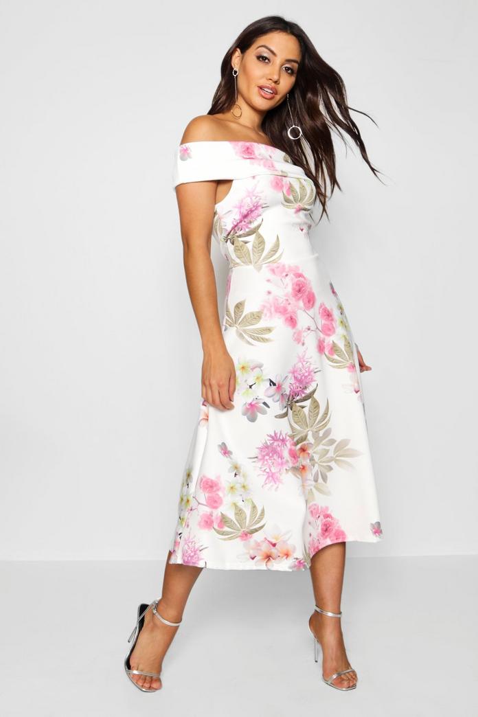 Abigail Floral Oversized Bardot Midi Skater Dress Boohoo