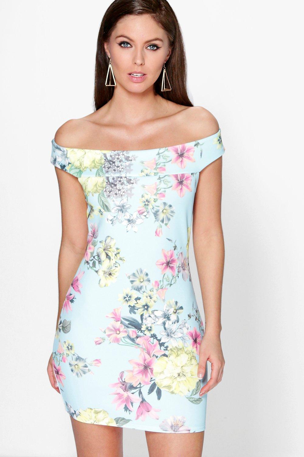 Boohoo Womens Annie Off The Shoulder Floral Bodycon Dress In Multi Size 14 Ebay