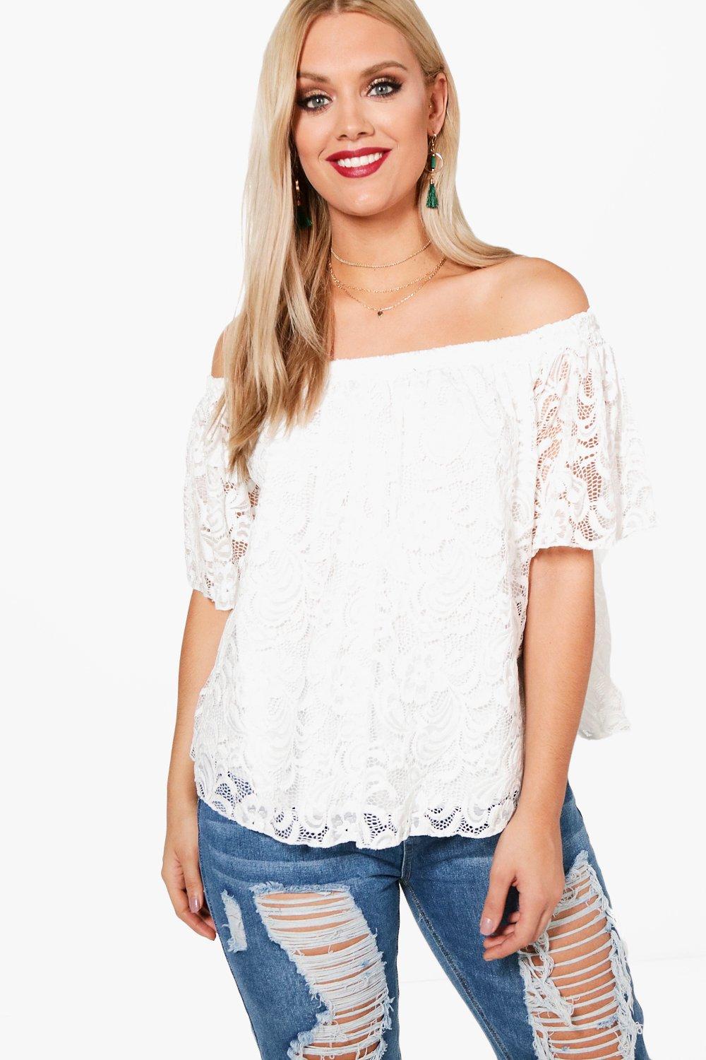 Plus Hollie Off The Shoulder Lace Smock Top Boohoo