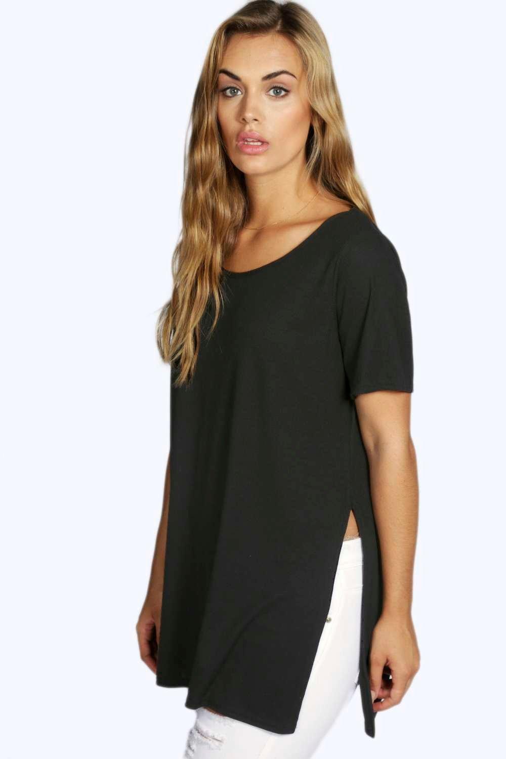 Boohoo Damen Plus Leila Geripptes T Shirt Mit Seitlichem Schlitz Ebay