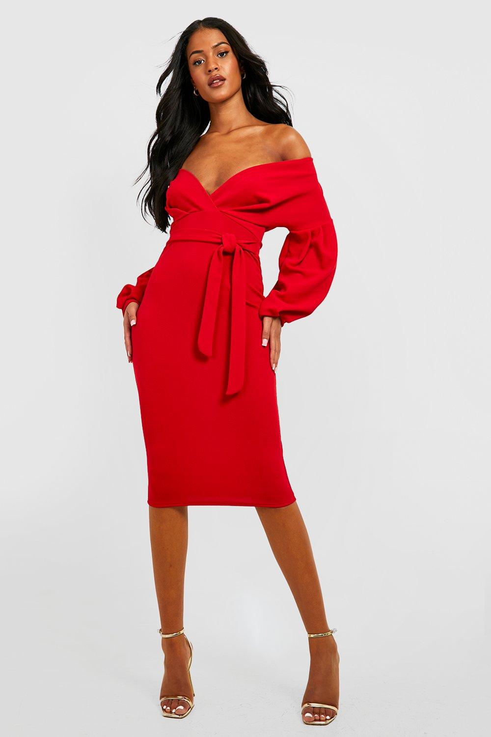 Tall Off The Shoulder Wrap Midi Bodycon Dress Boohoo