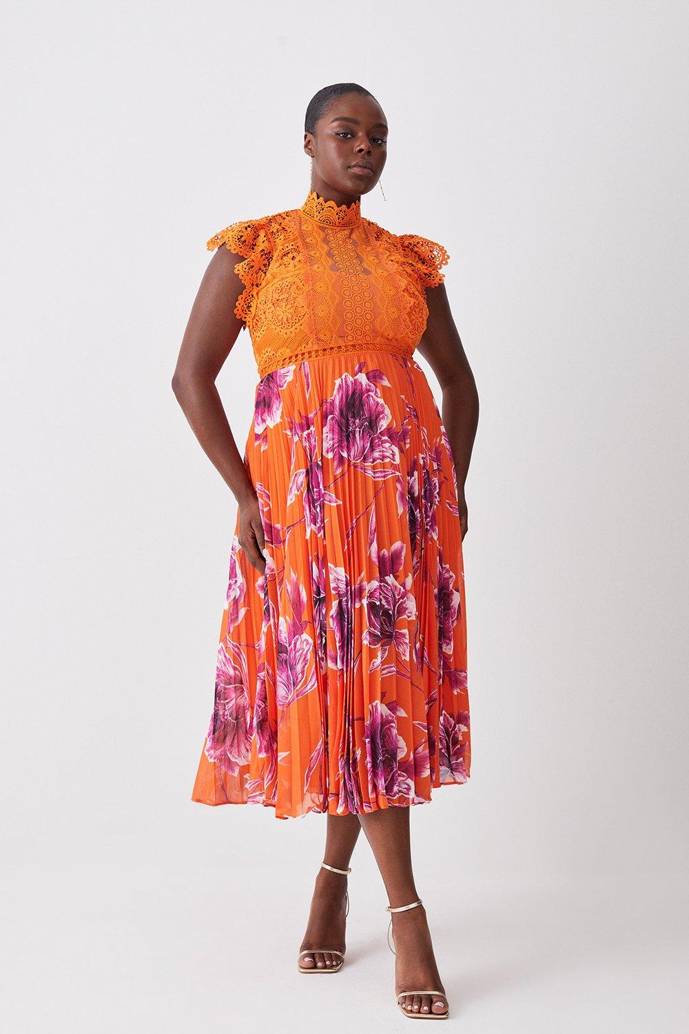 Plus Size Guipure Lace Mirrored Floral Pleat Midi Dress Karen Millen