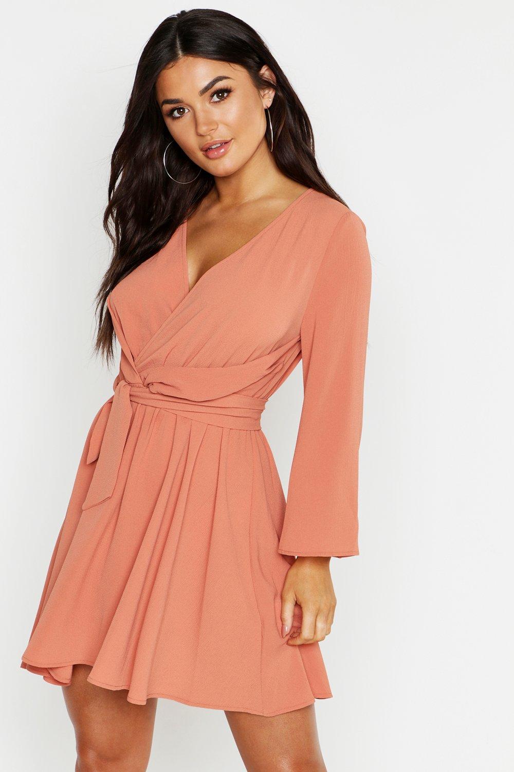 Tie Detail Flared Sleeve Skater Dress Boohoo