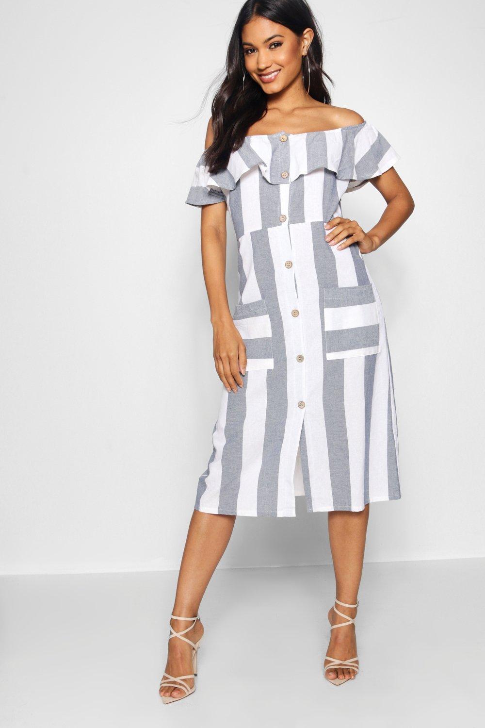 Robe Midi à épaules Dénudées Et Larges Rayures Boohoo