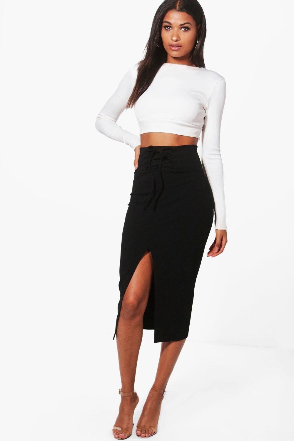 Anna Corset Waist Front Split Midi Skirt Boohoo