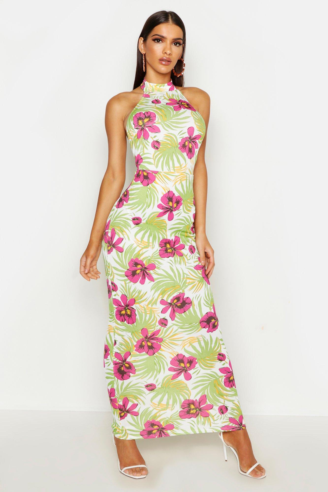 High Neck Floral Palm Maxi Dress Boohoo