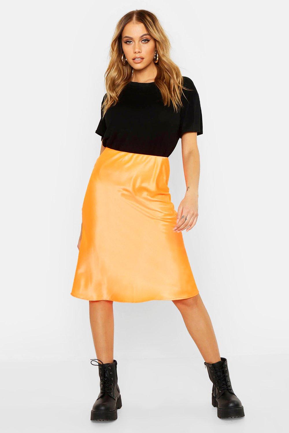 Neon Luxe Satin Bias Cut Midi Skirt Boohoo