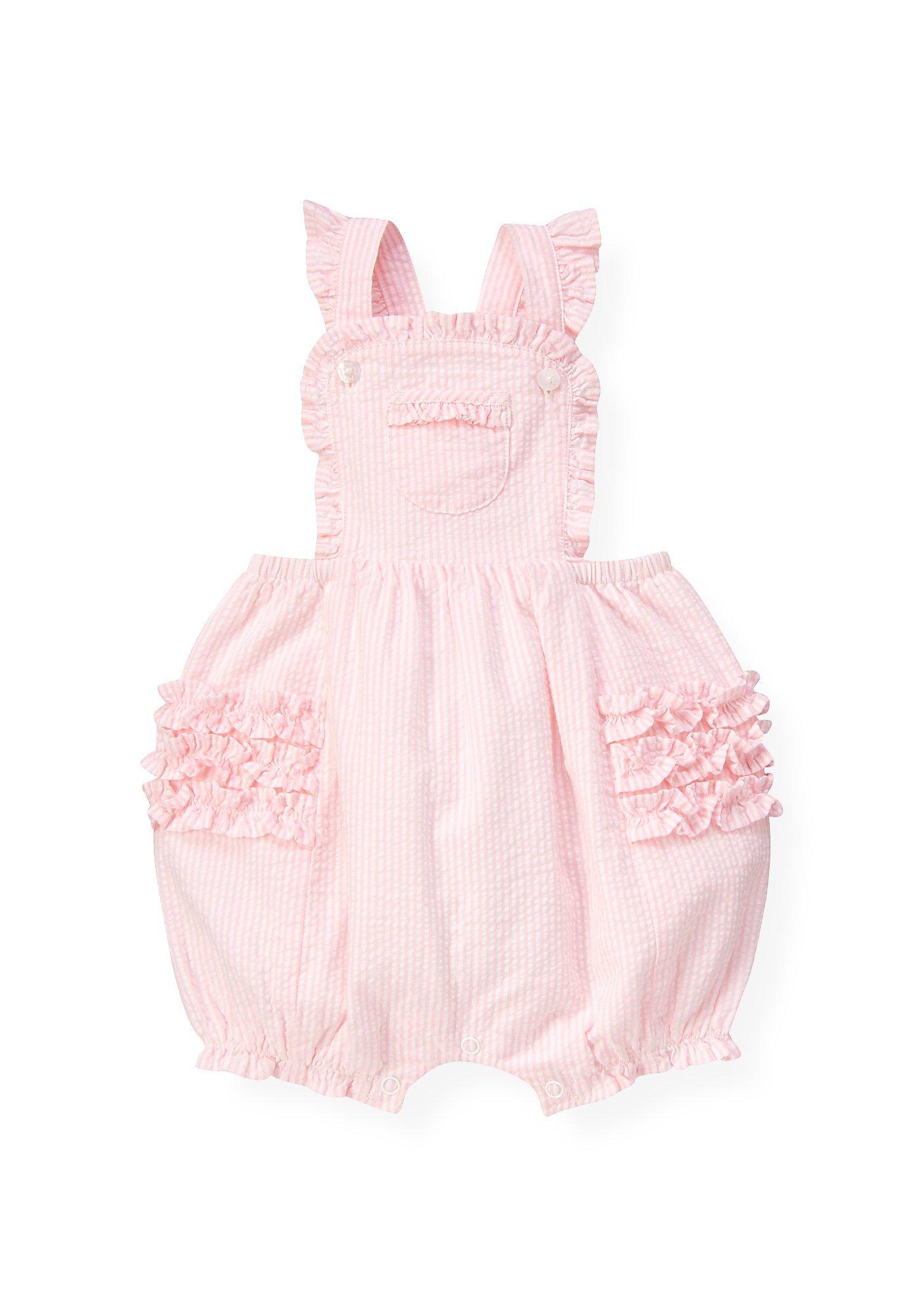 Collections Barely Pink Stripe Ruffle Seersucker Stripe Shortall by ...