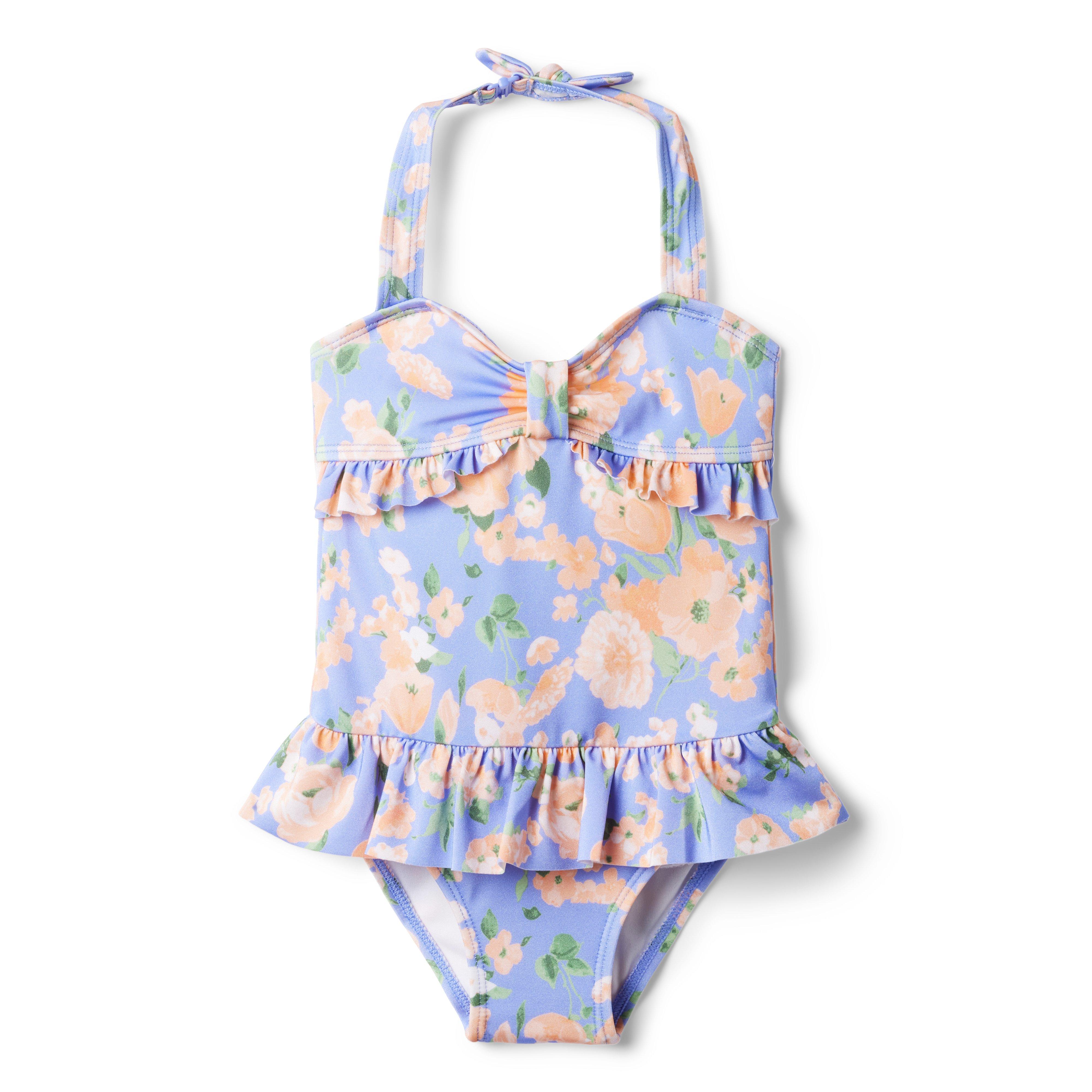Girl Deep Periwinkle Floral Recycled Floral Halter Swimsuit By Janie