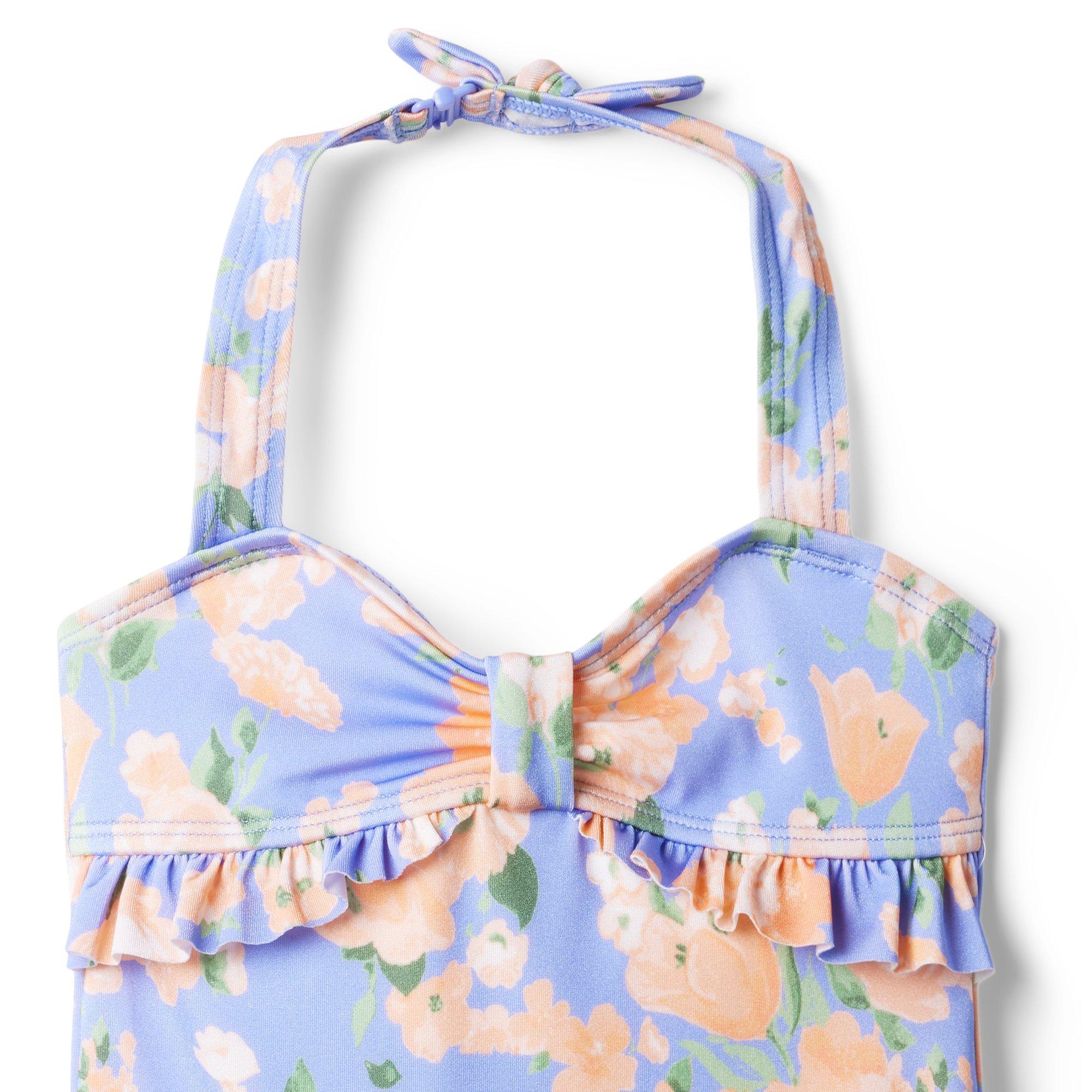 Girl Deep Periwinkle Floral Recycled Floral Halter Swimsuit By Janie