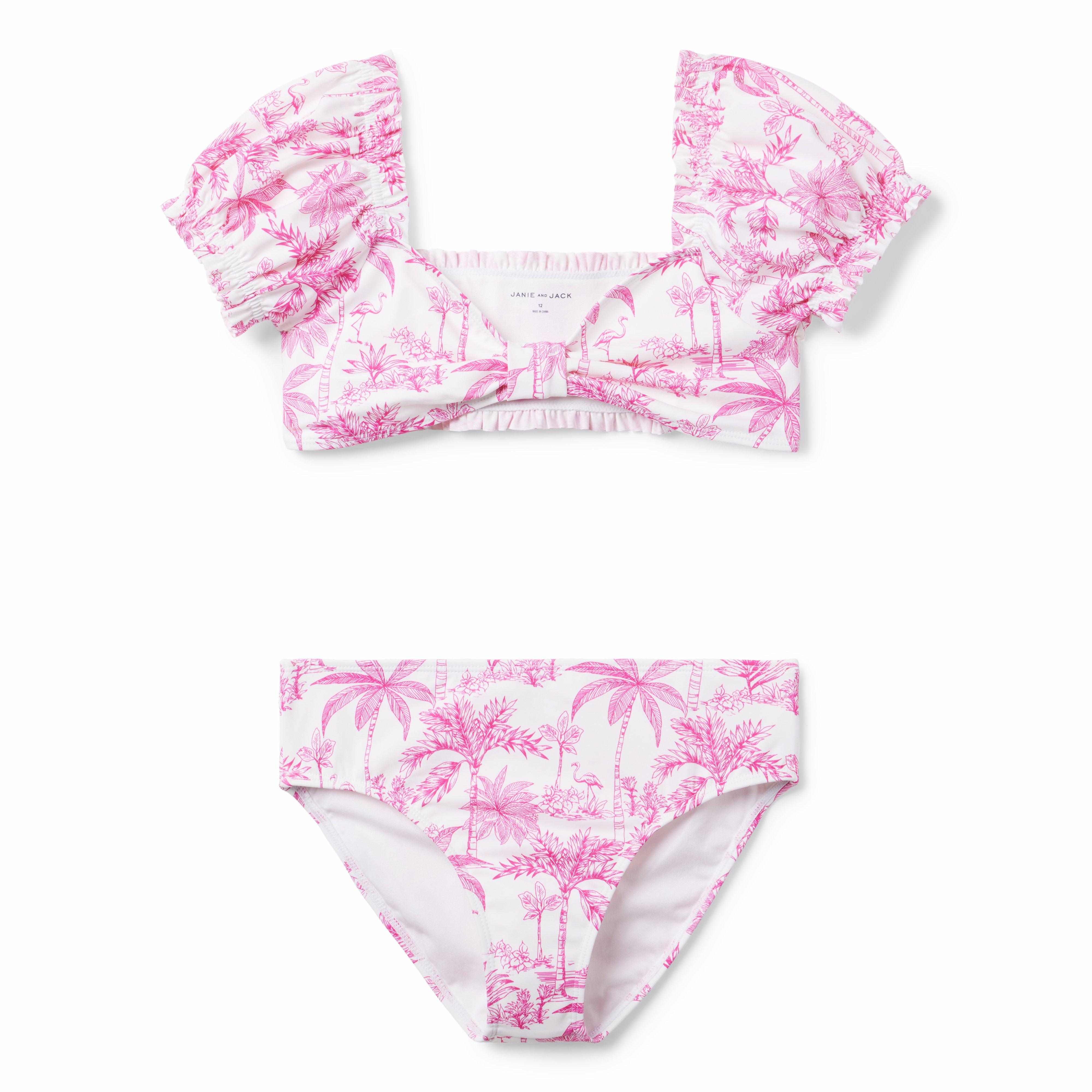 Swim Magenta Flamingo Toile Recycled Flamingo Toile Puff Sleeve 2-Piece ...