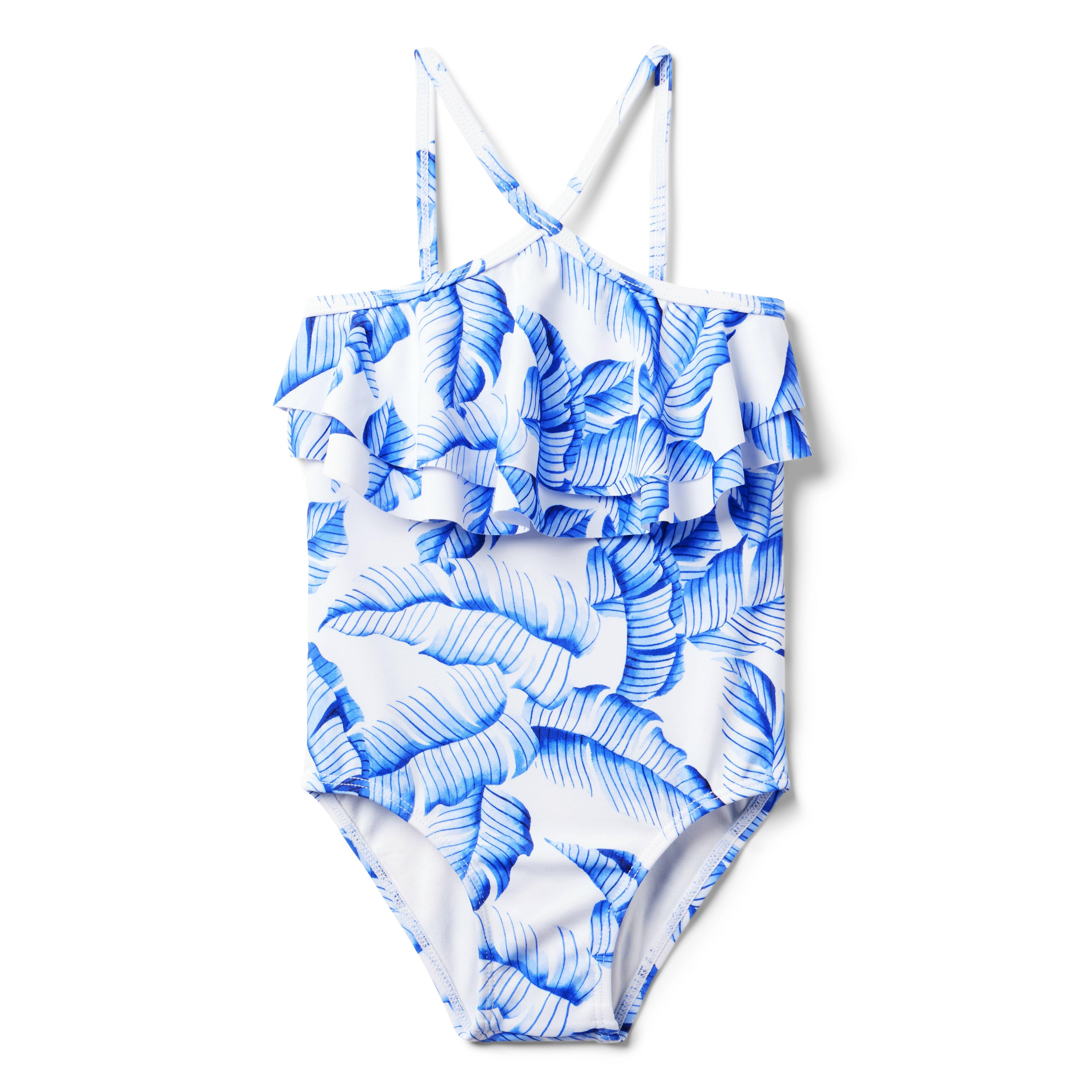Girl French Blue Palm Recycled Palm Ruffle Halter Swimsuit By Janie And