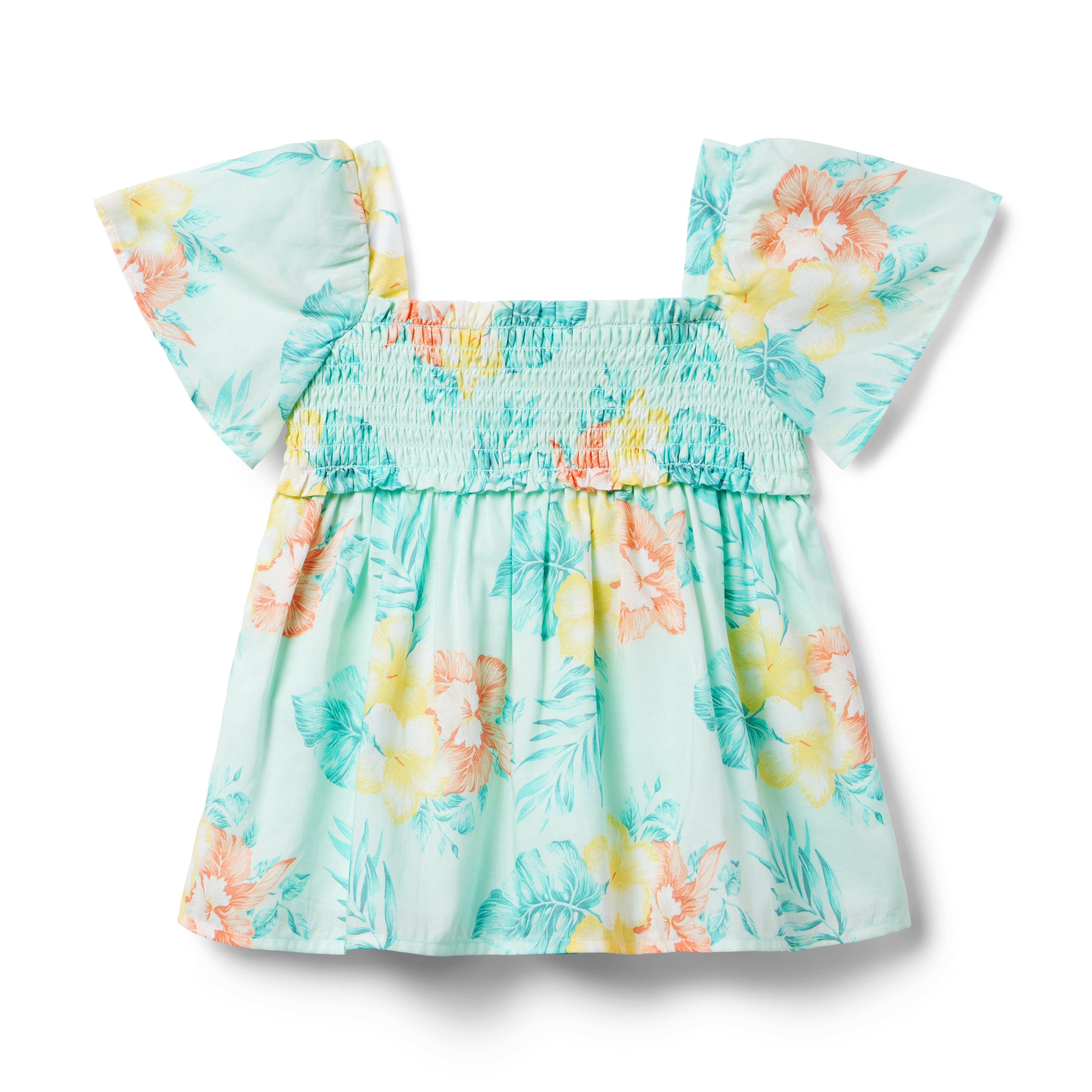 Girl Mint Hibiscus Hibiscus Smocked Flutter Sleeve Top by Janie and Jack