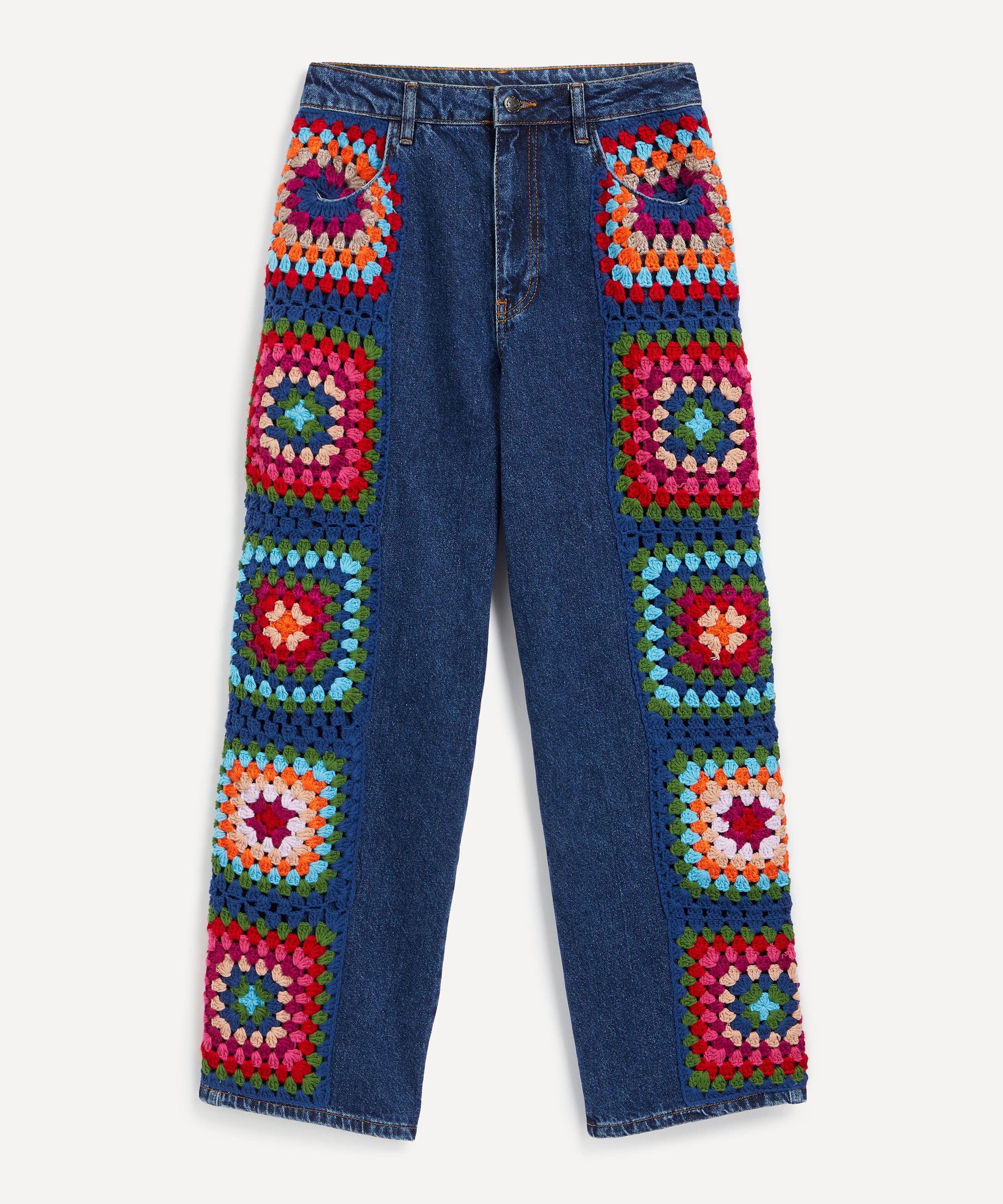 Farm Rio Crochet Squares Denim Pants In Denim Blue | ModeSens