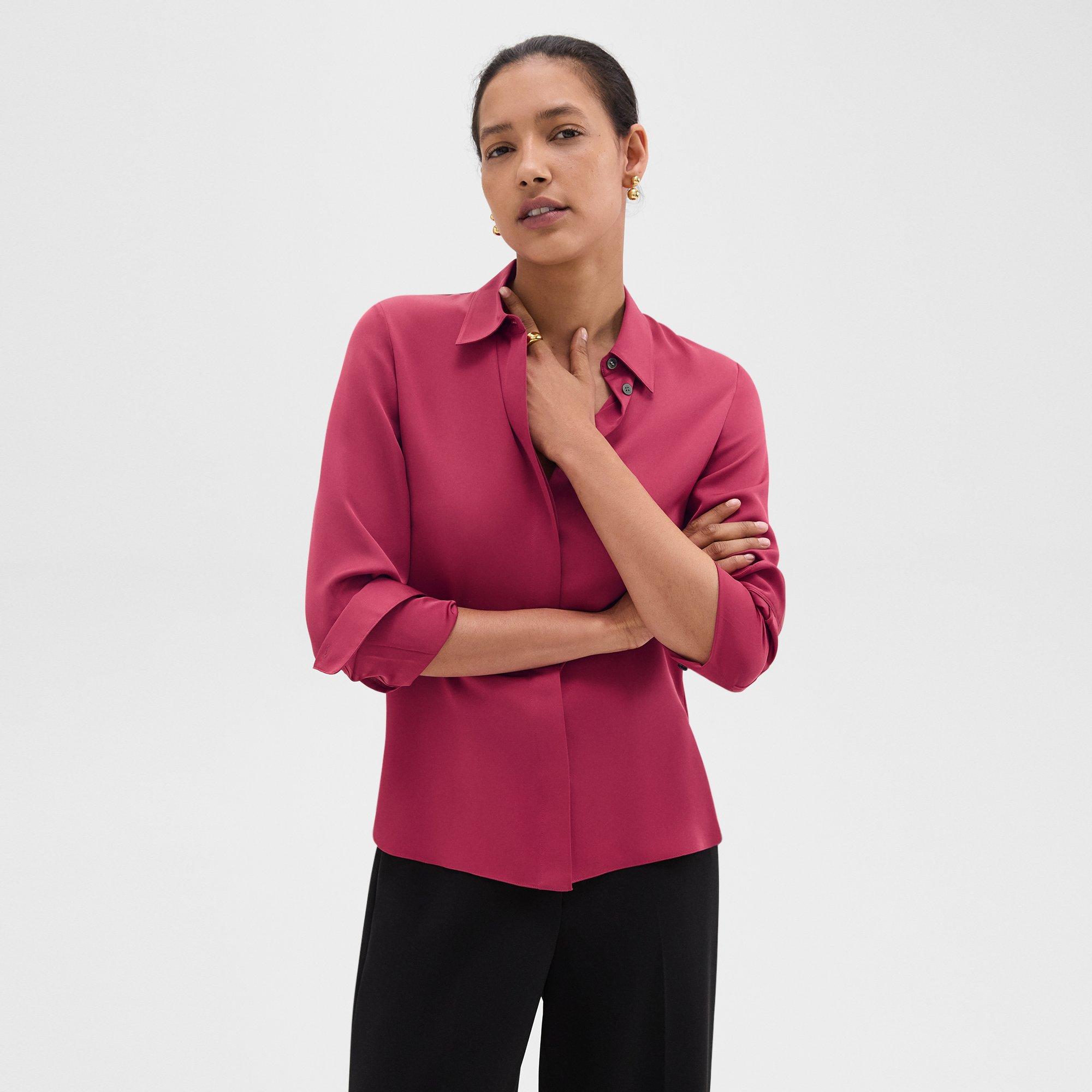 Theory Fitted Shirt In Silk Georgette In Deep Rose | ModeSens