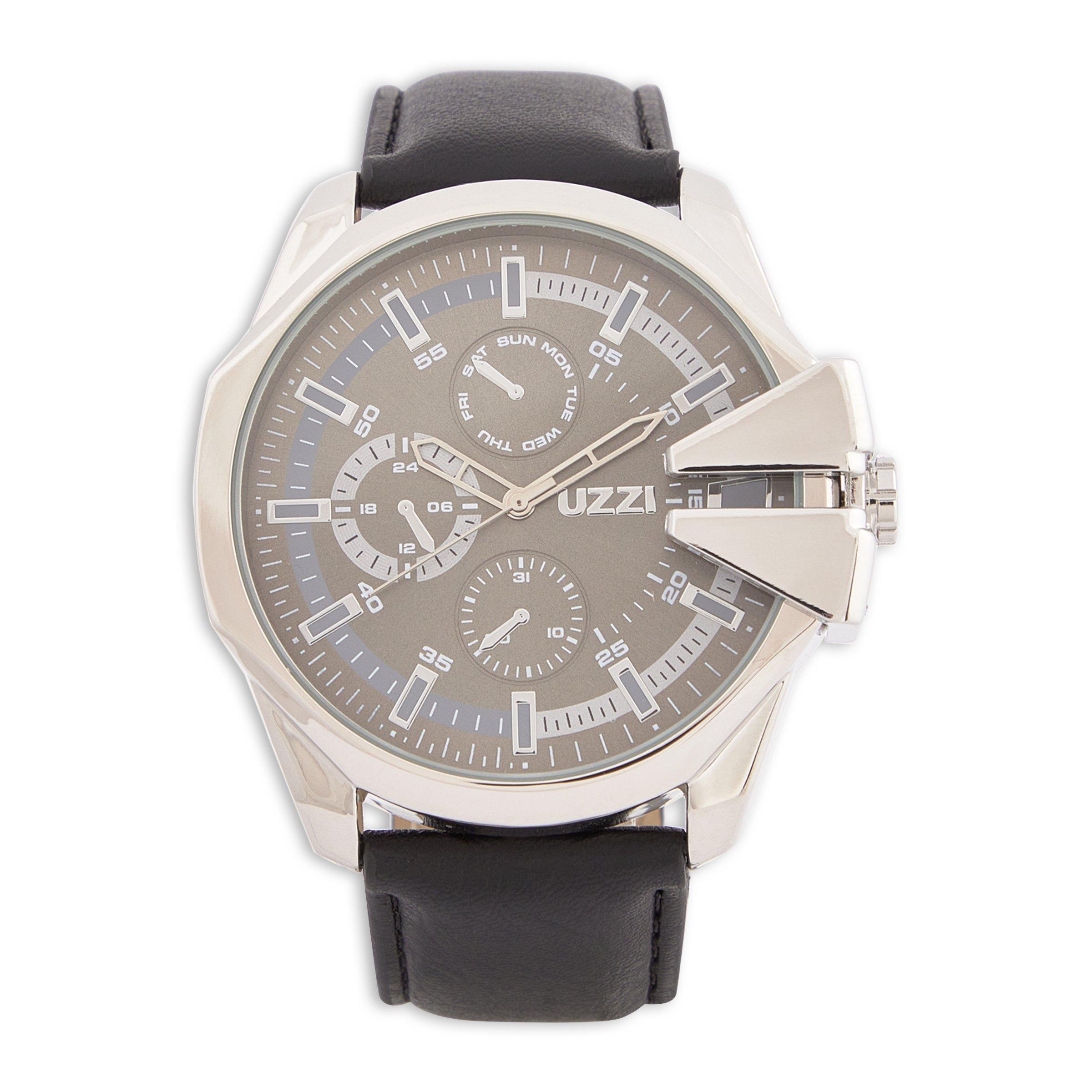 Chunky Silver Black PU Watch (3122231) | UZZI