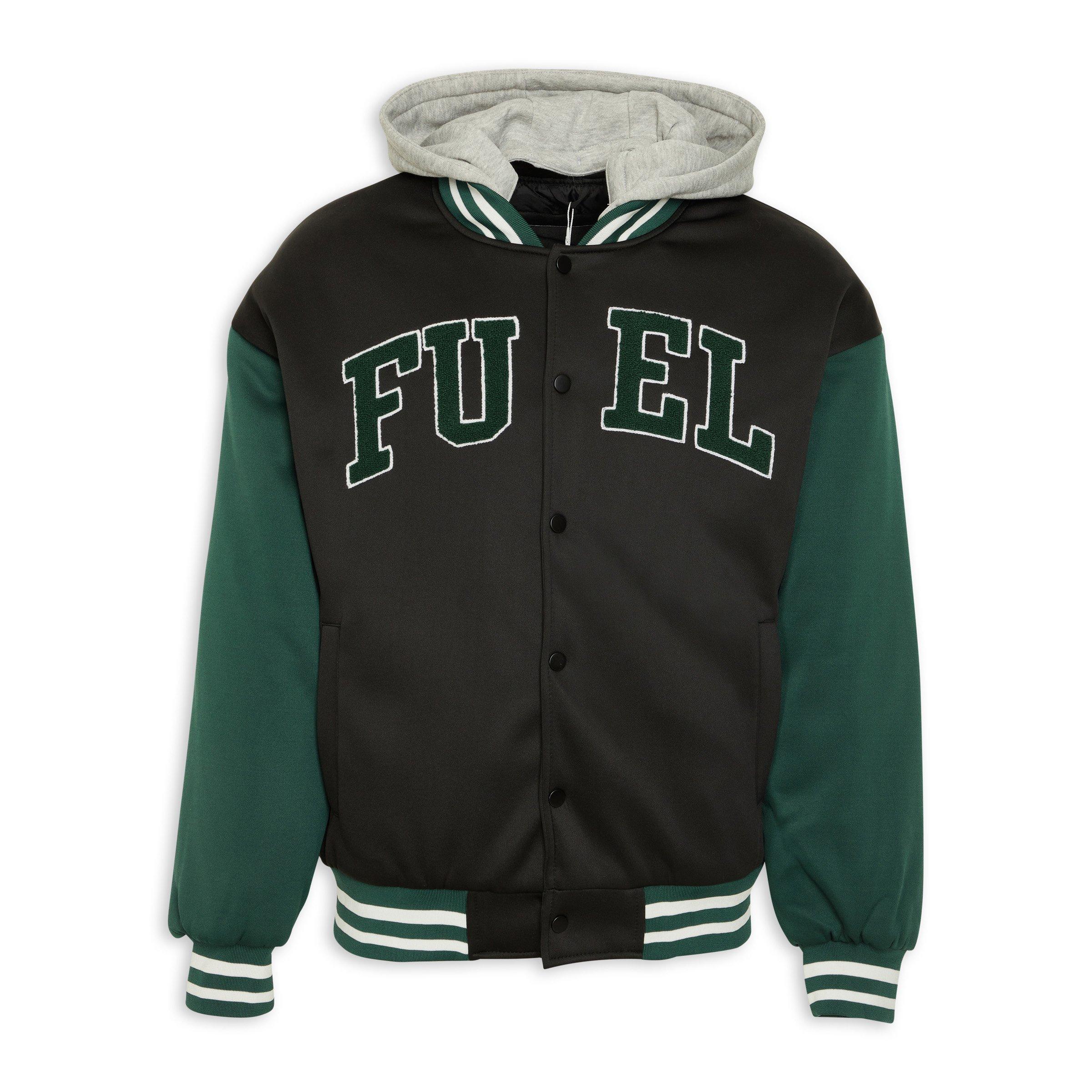 Black and Green Hooded Varsity Jacket (3145086) | Fuel