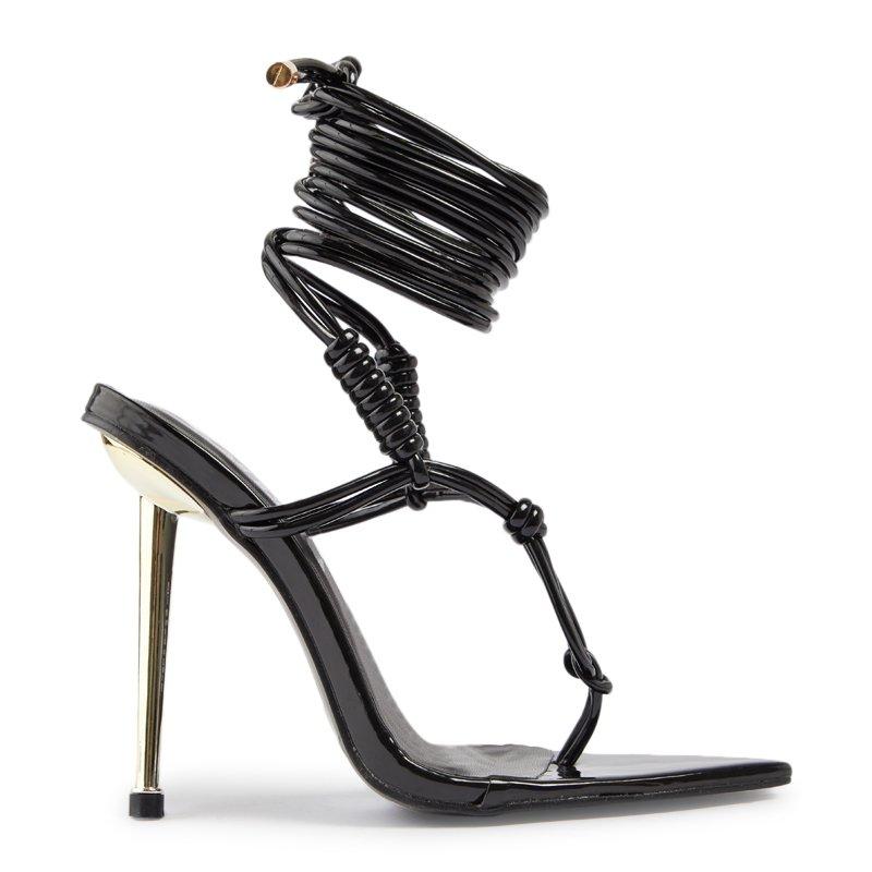 Black Patent Gold Stiletto Toe Post Sandal (3171142) | Afroka