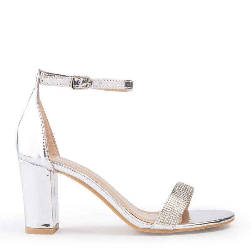 Silver Shiny Low Heel Diamante Sandal (3171269) | Slay Queen