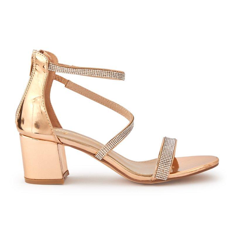 Rose Gold Shiny Low Block Heel Sandal (3172841) | Slay Queen