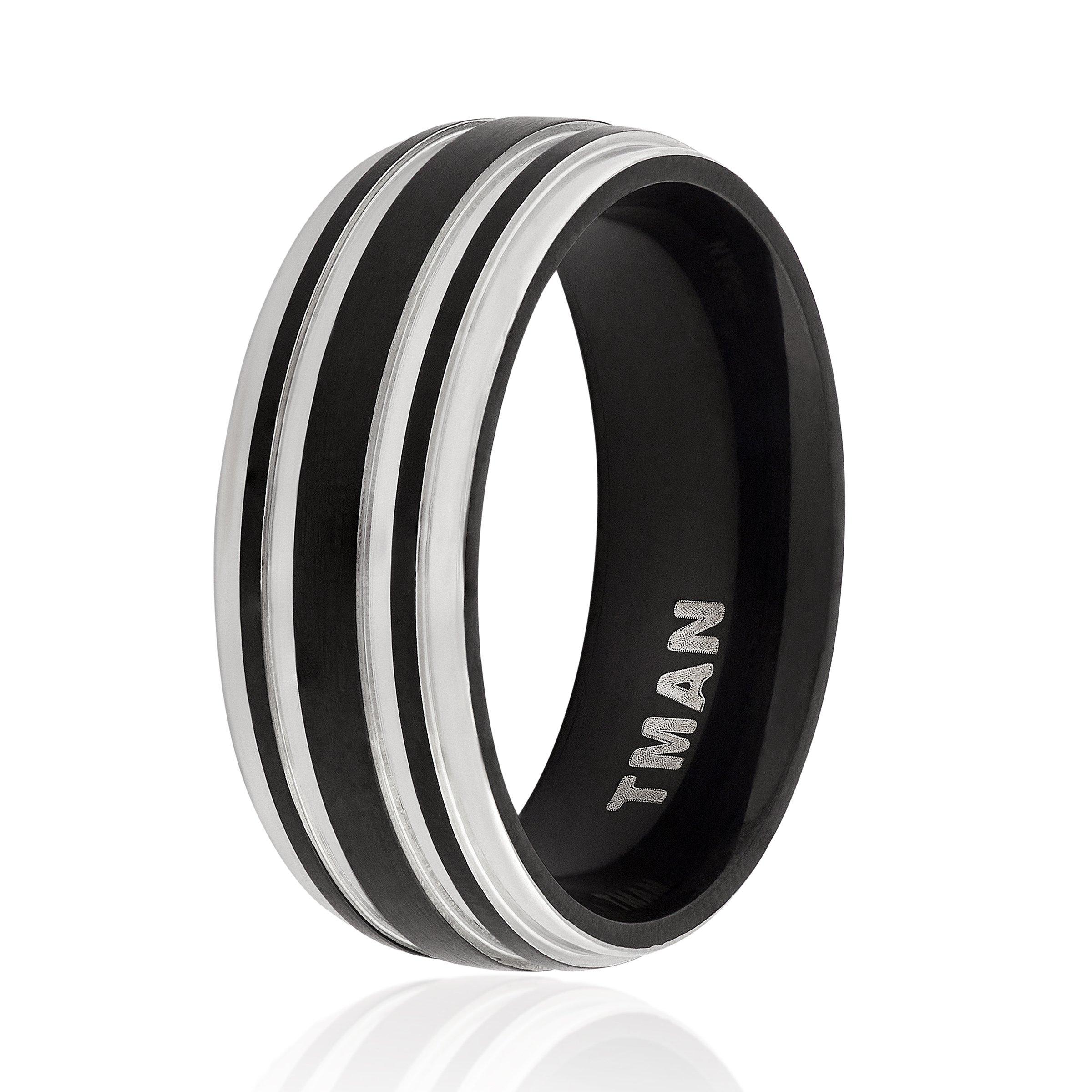 Black and Steel Ribbed Ring (3177894) | Stainless Steel