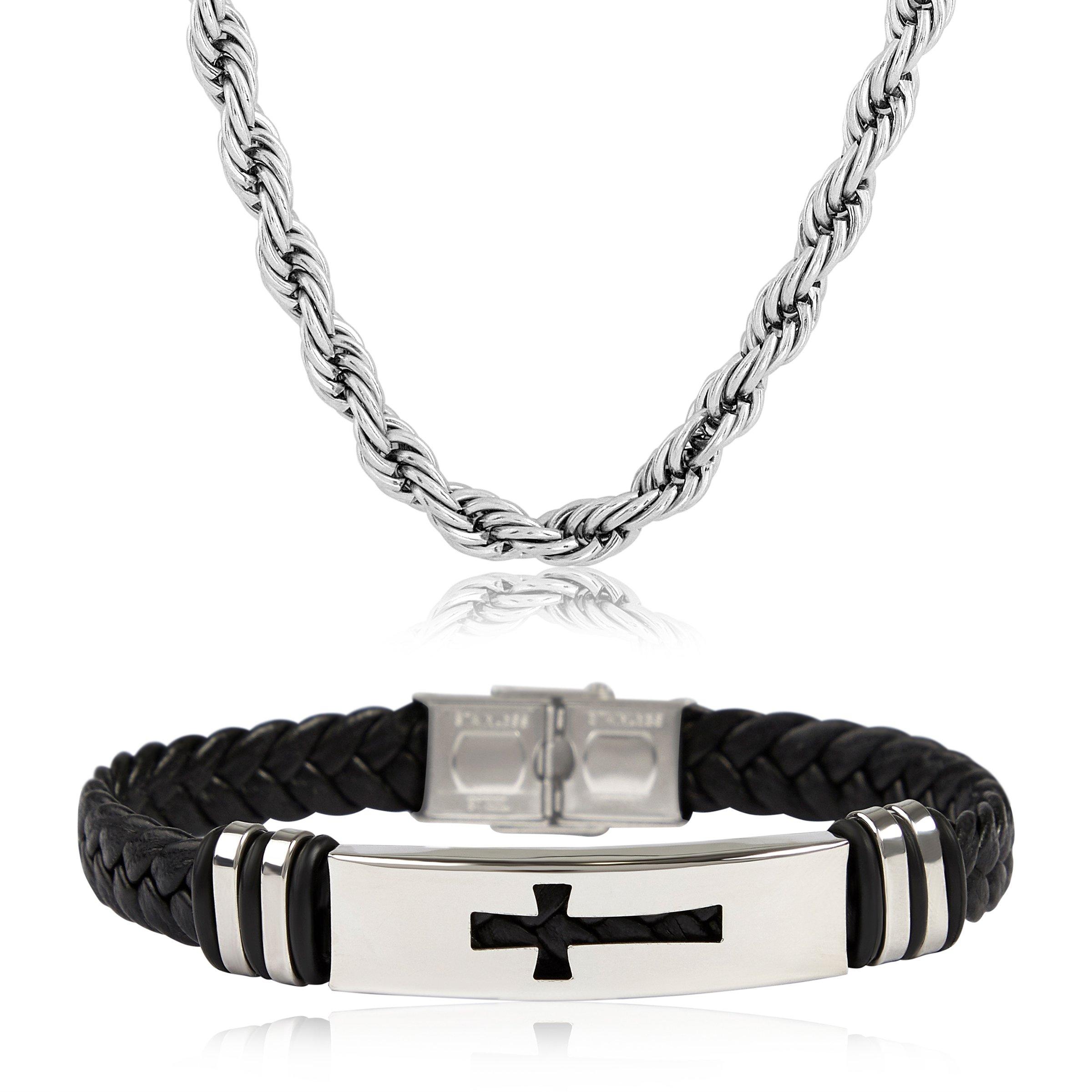 Rope Chain and Cross Bangle Set (3177896) | Stainless Steel