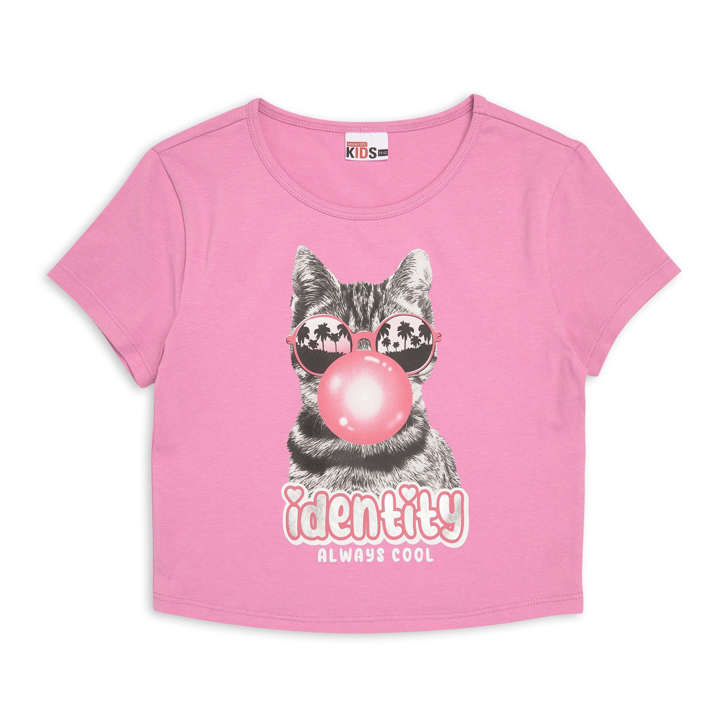 Girls Pink Cropped T-Shirt With Cat Print (3184161) | Identity