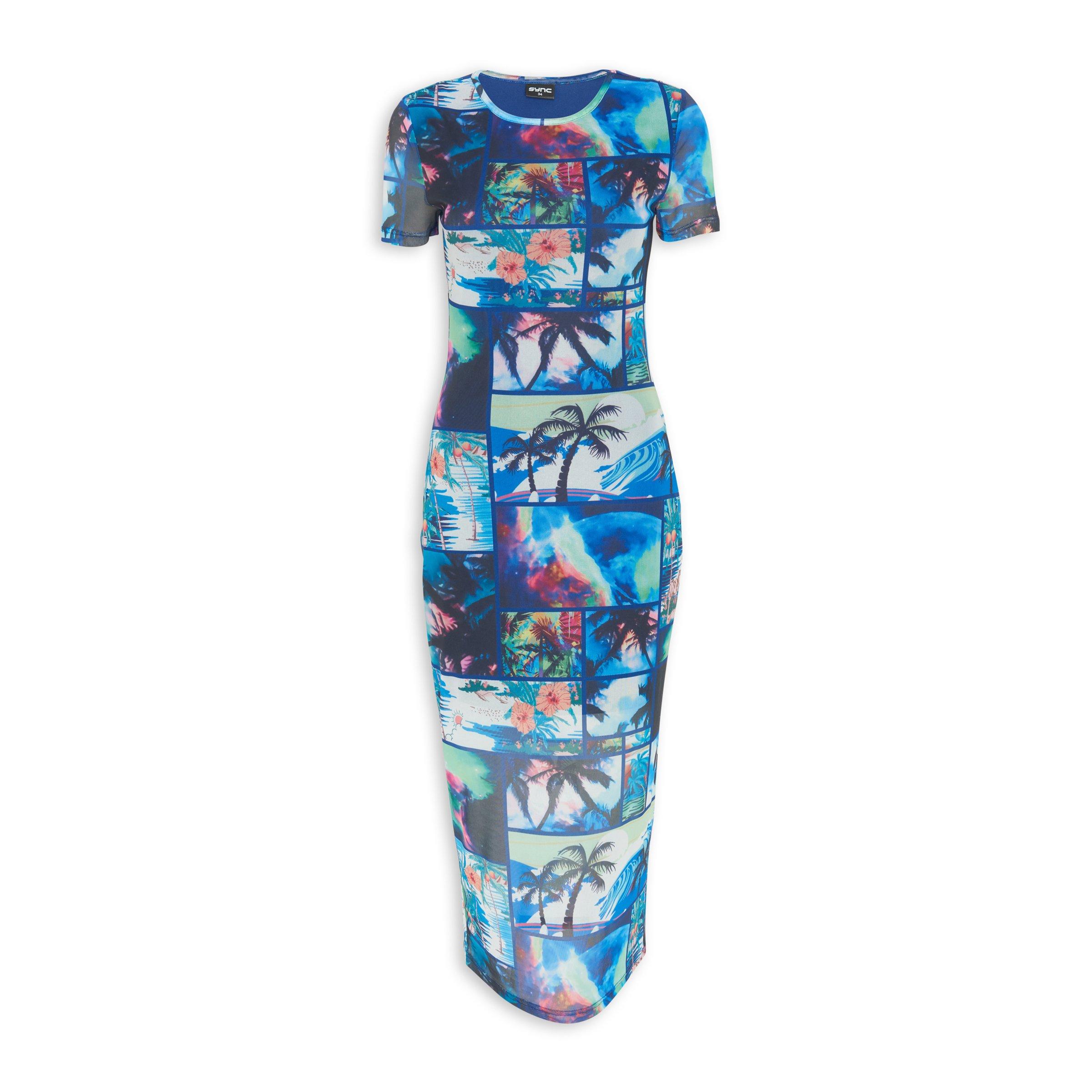Blue Tropical Postcard Print Mesh Dress (3184306) | Identity X Sync