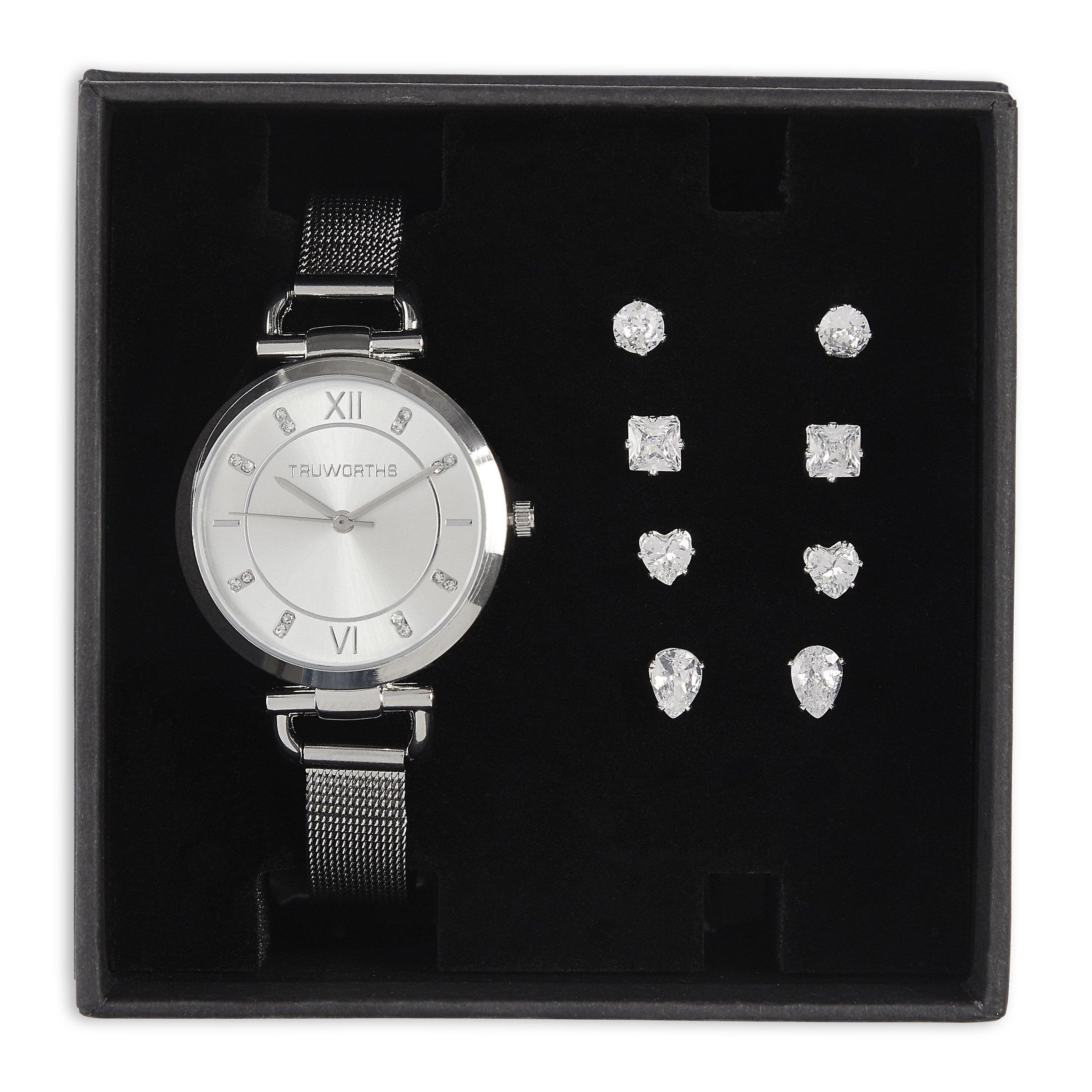 Silver Colour Plated Watch Earrings Set (3185464) | Sparkle