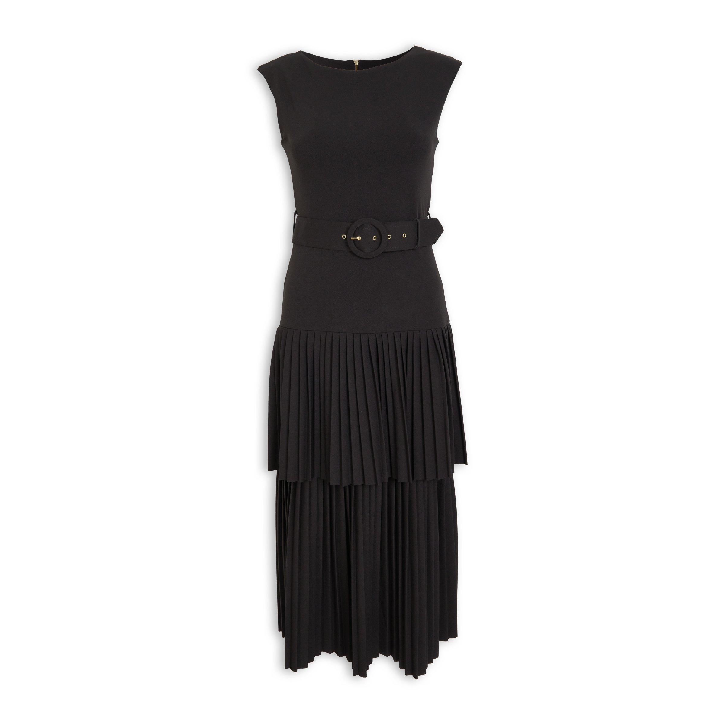 Black Pleated Belted Dress (3187026) | Miss Port
