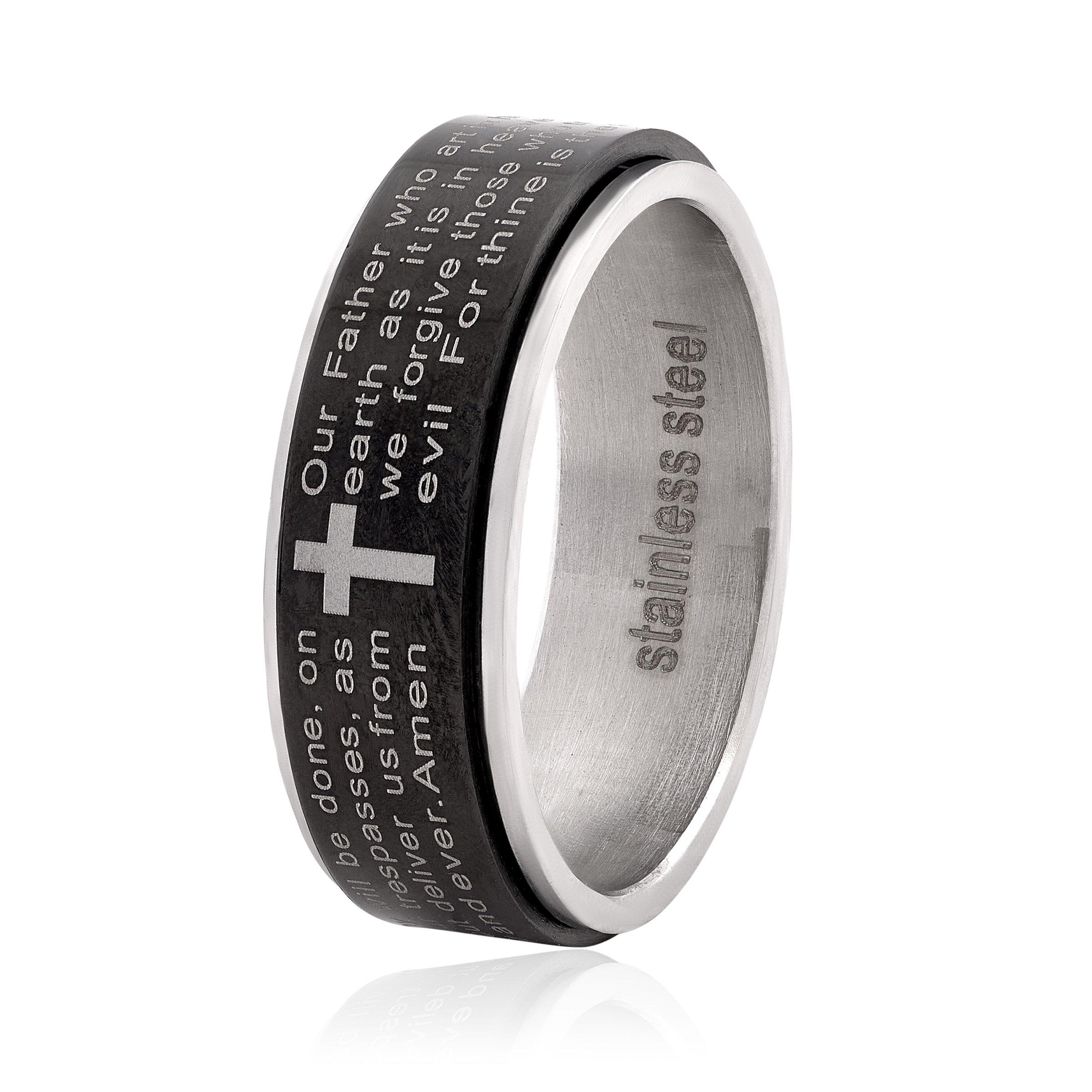 Black and Steel Prayer Spinner Ring (3200708) | Stainless Steel