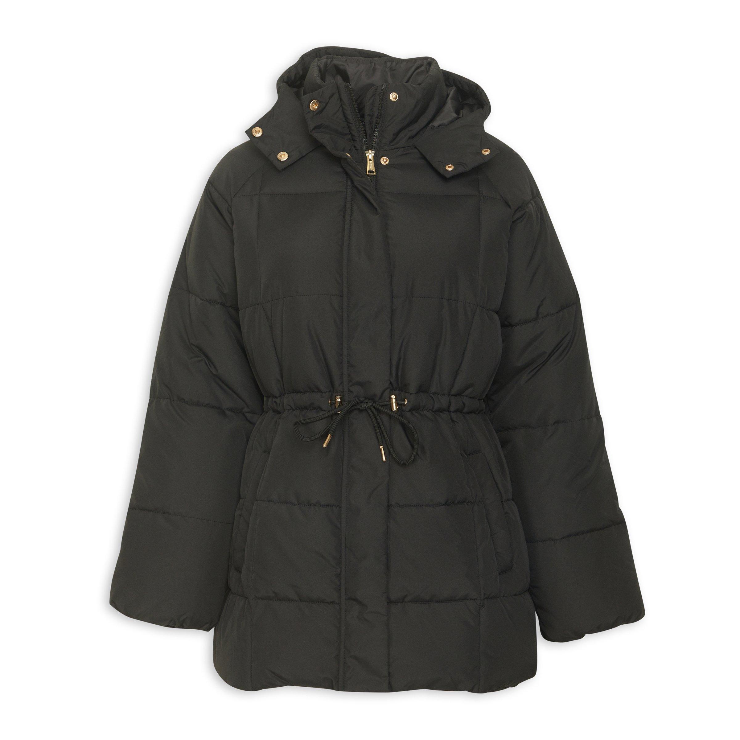 Black Puffer Jacket with Waist Drawstrings (3202029) | Identity