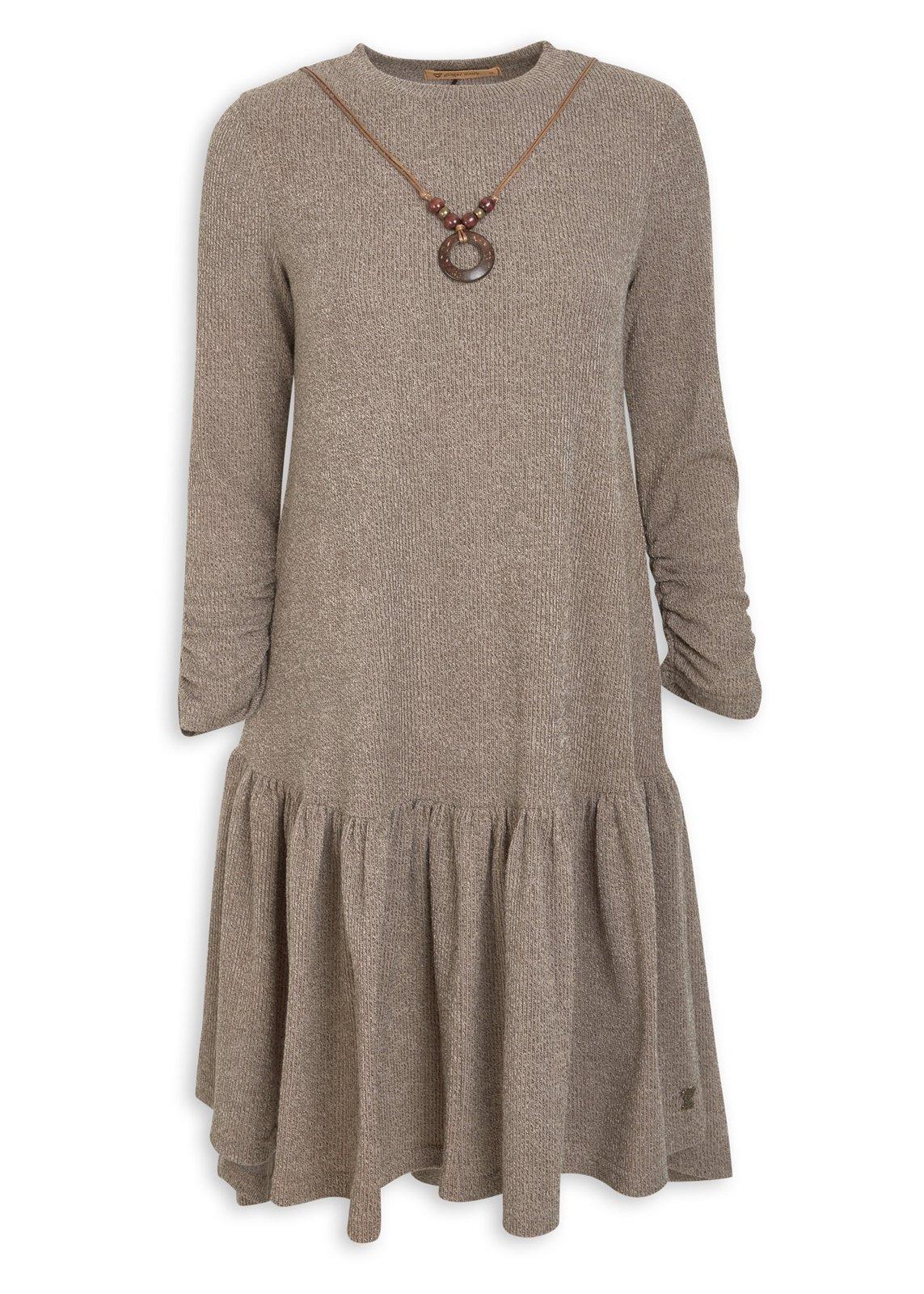 Tan A-line Pleated Dress with Necklace (3202839) | Ginger Mary