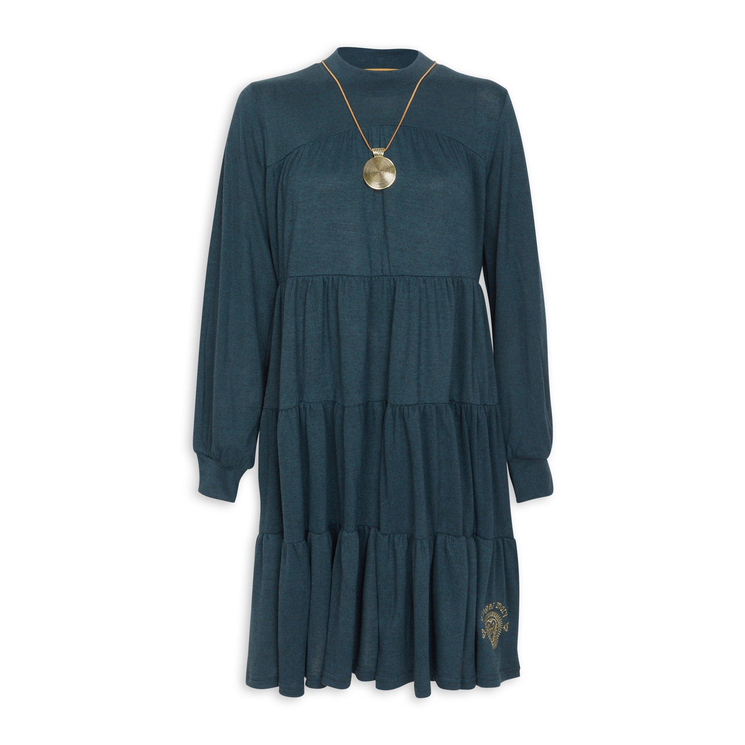 Teal Tiered Dress with Necklace (3207265) | Ginger Mary