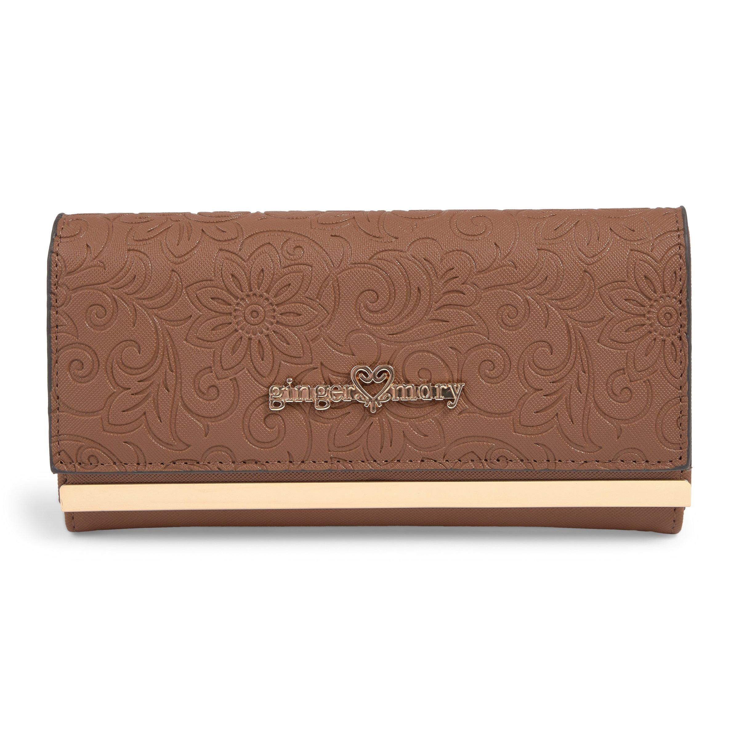 Tan and Gold Embossed Double Flap Wallet (3208555) | Ginger Mary