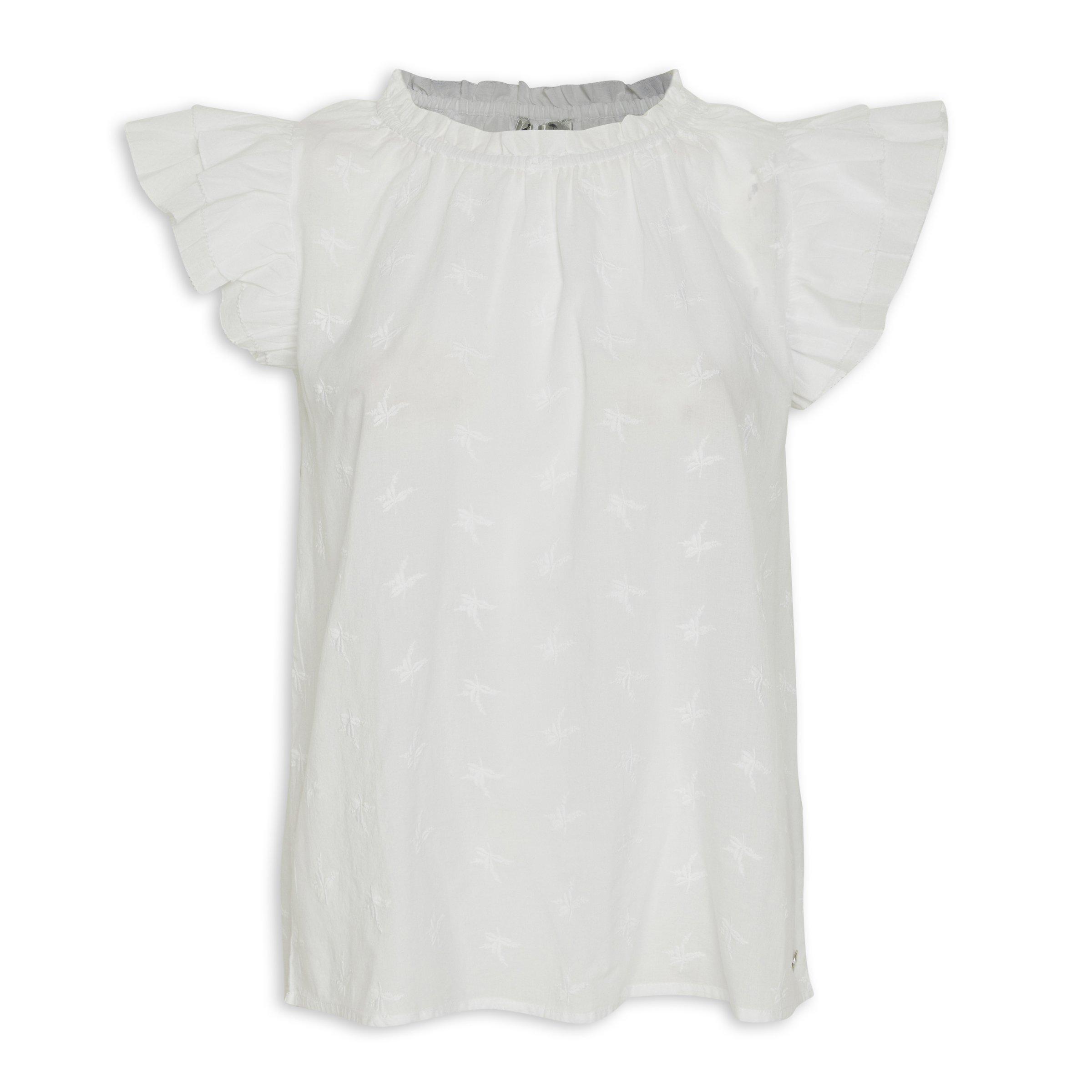White Embroidered Flutter Sleeve Blouse (3214368) | TRS