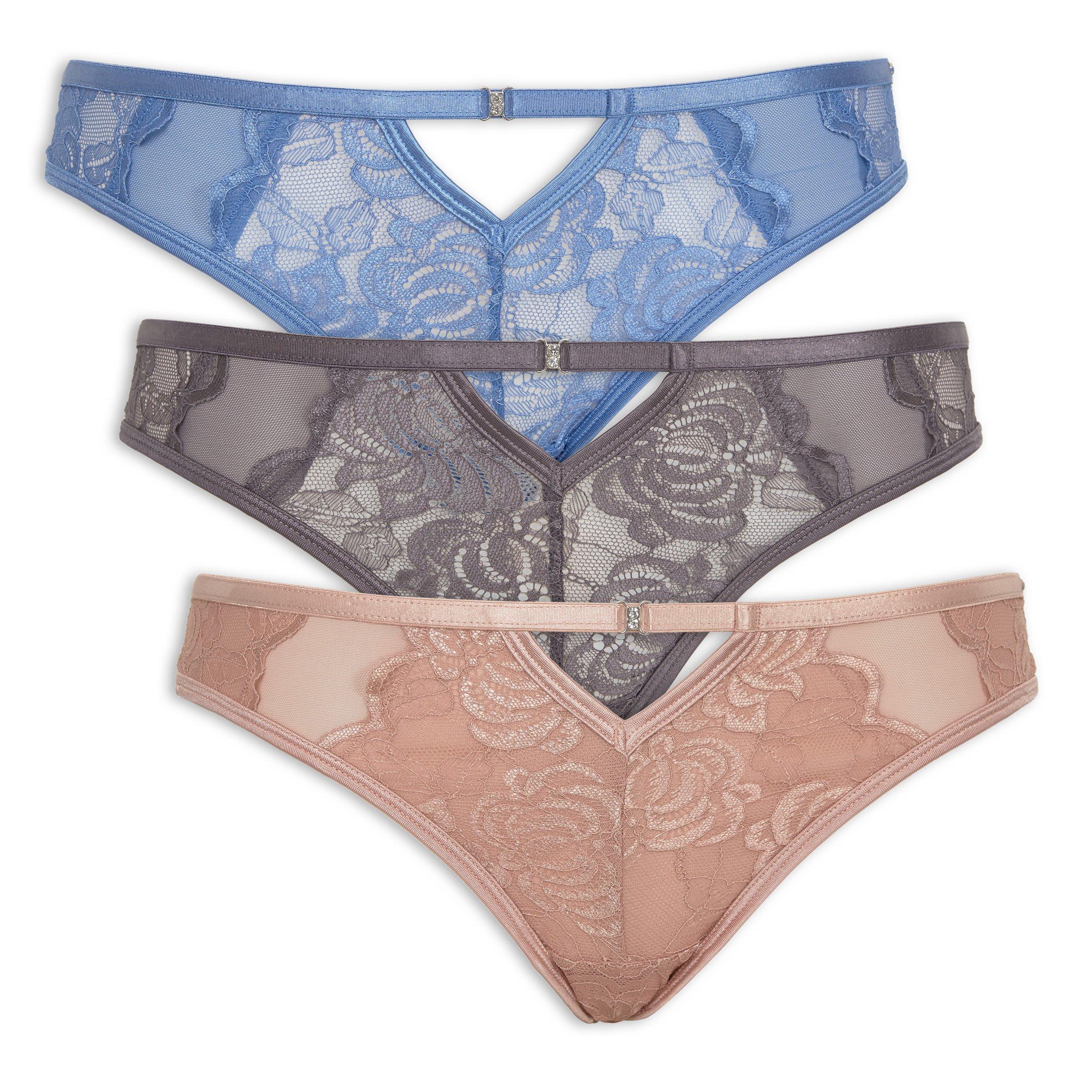 3-pack Blue and Grey Lace Bikini Panties (3215462) | Intrigue