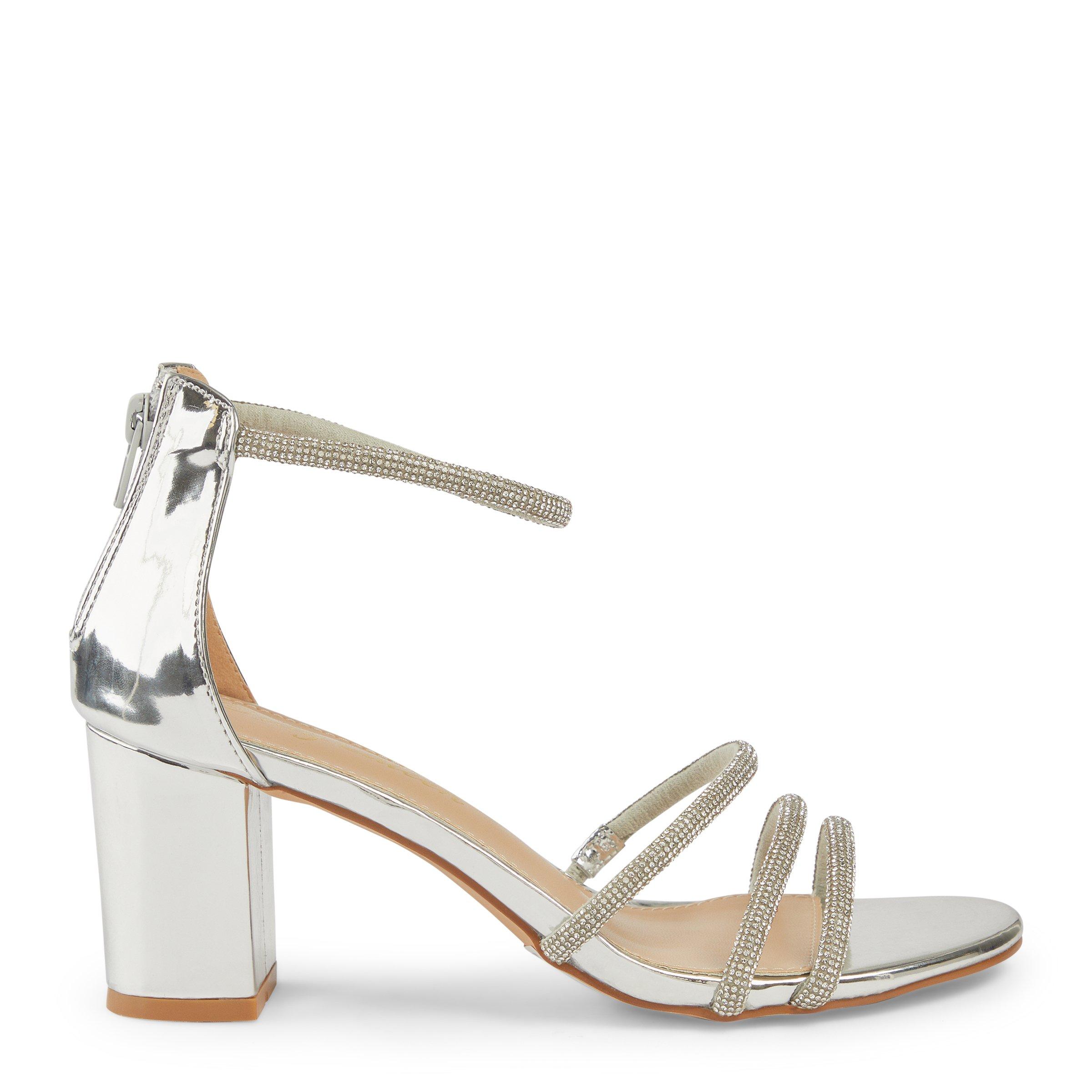 Silver Diamante Low Block Heels (3216034) | Slay Queen