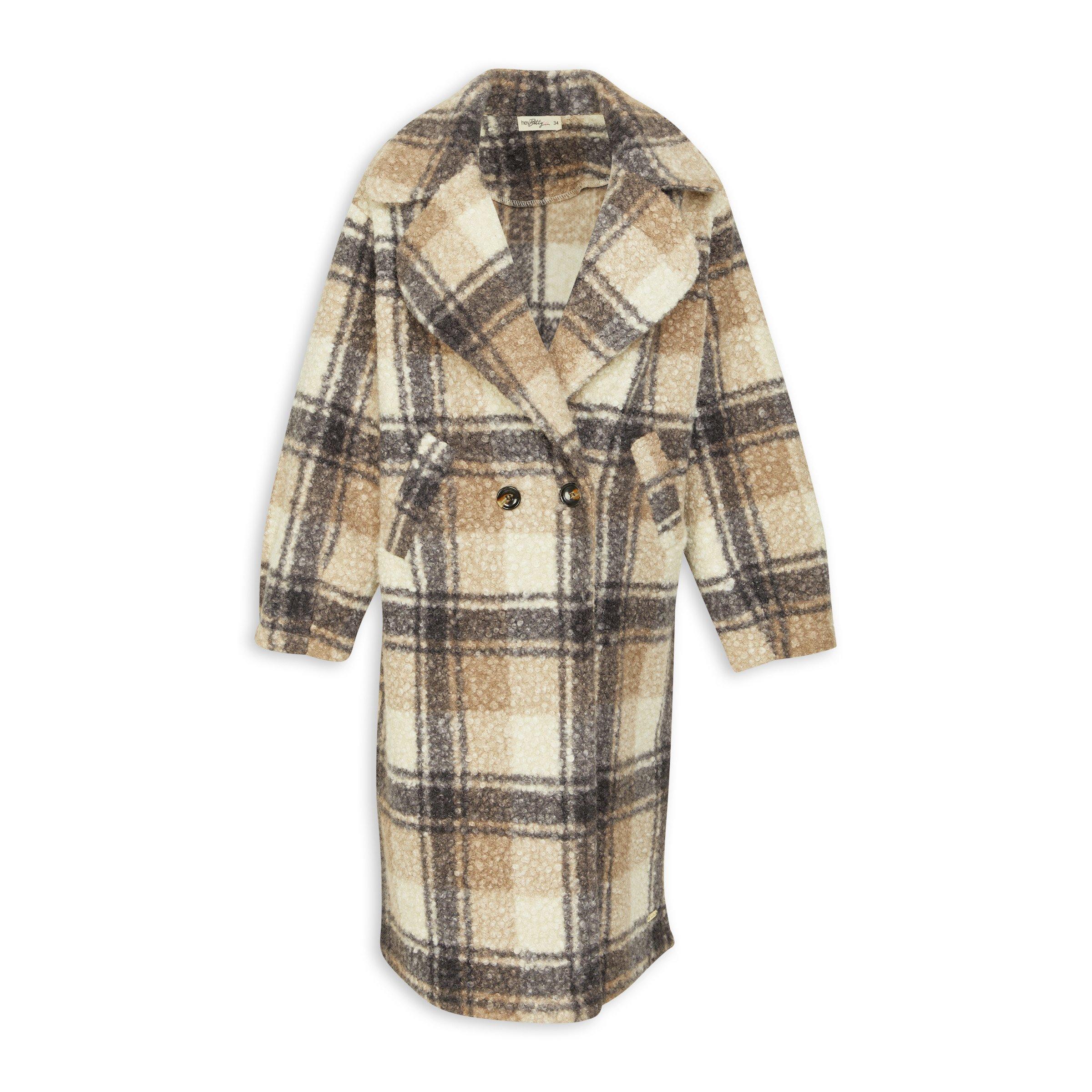 Beige Check Print Knit Coat (3216531) | Hey Betty