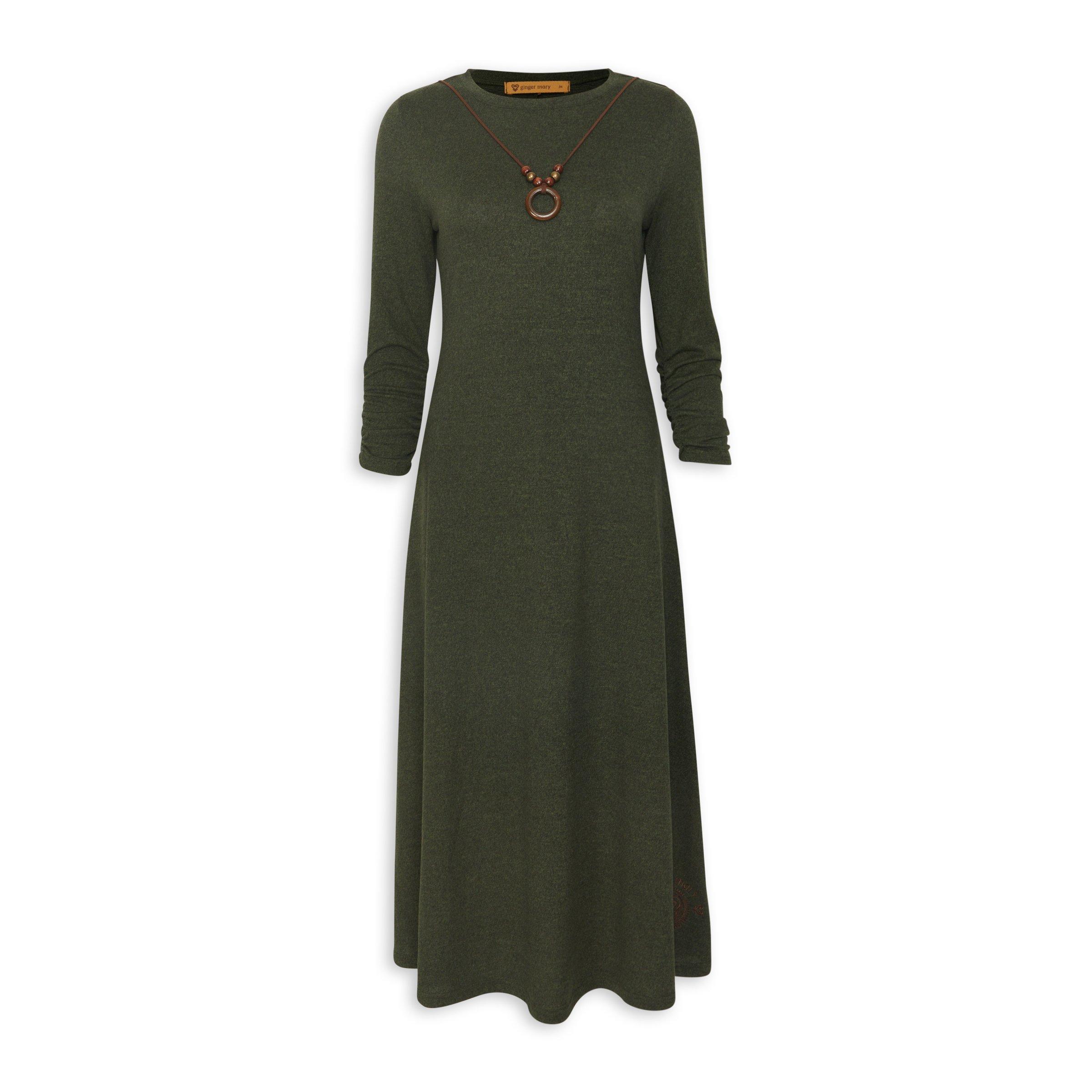 Khaki Green Column Dress with Necklace (3217752) | Ginger Mary