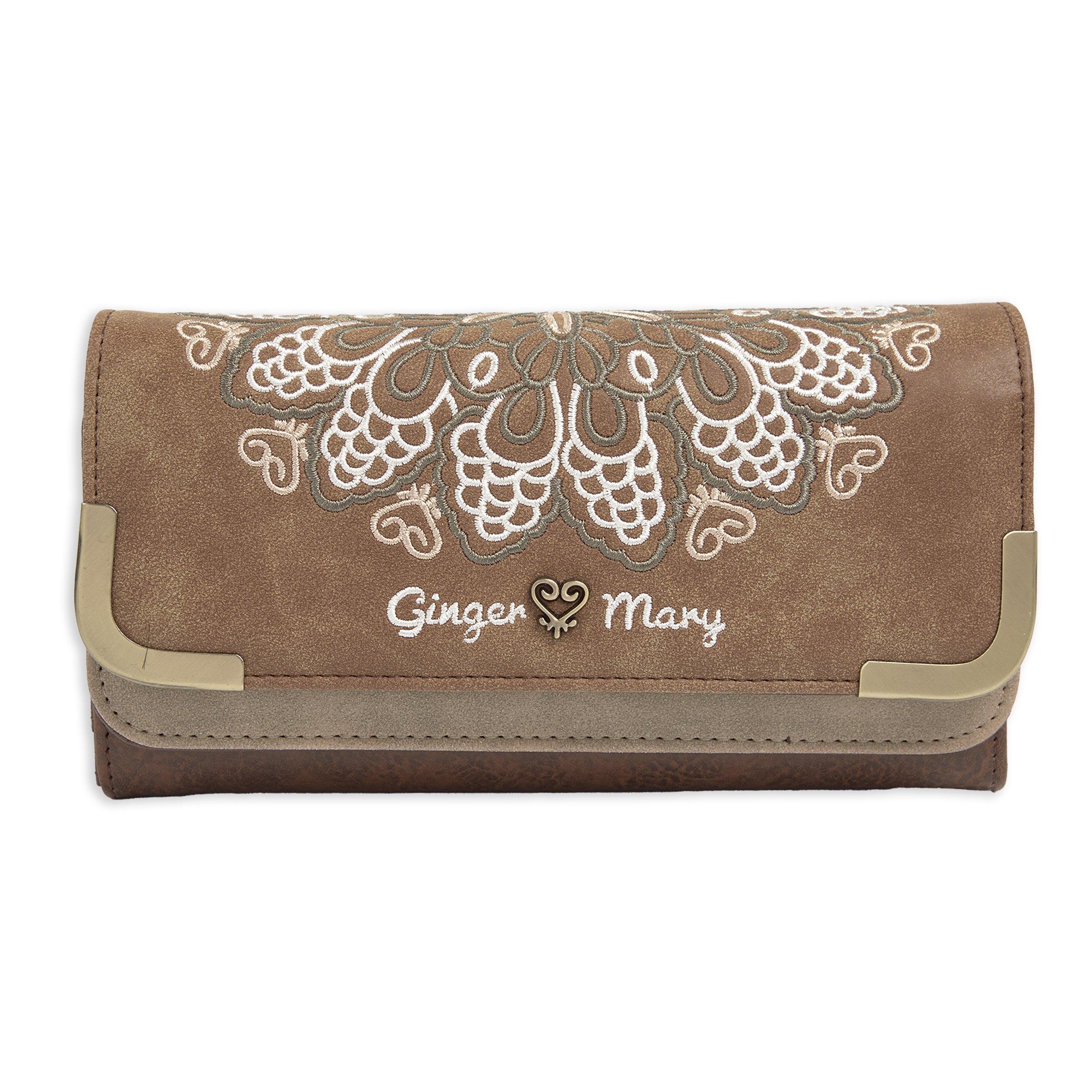 Brown Embroidered Double Flap Wallet (3220215) | Ginger Mary