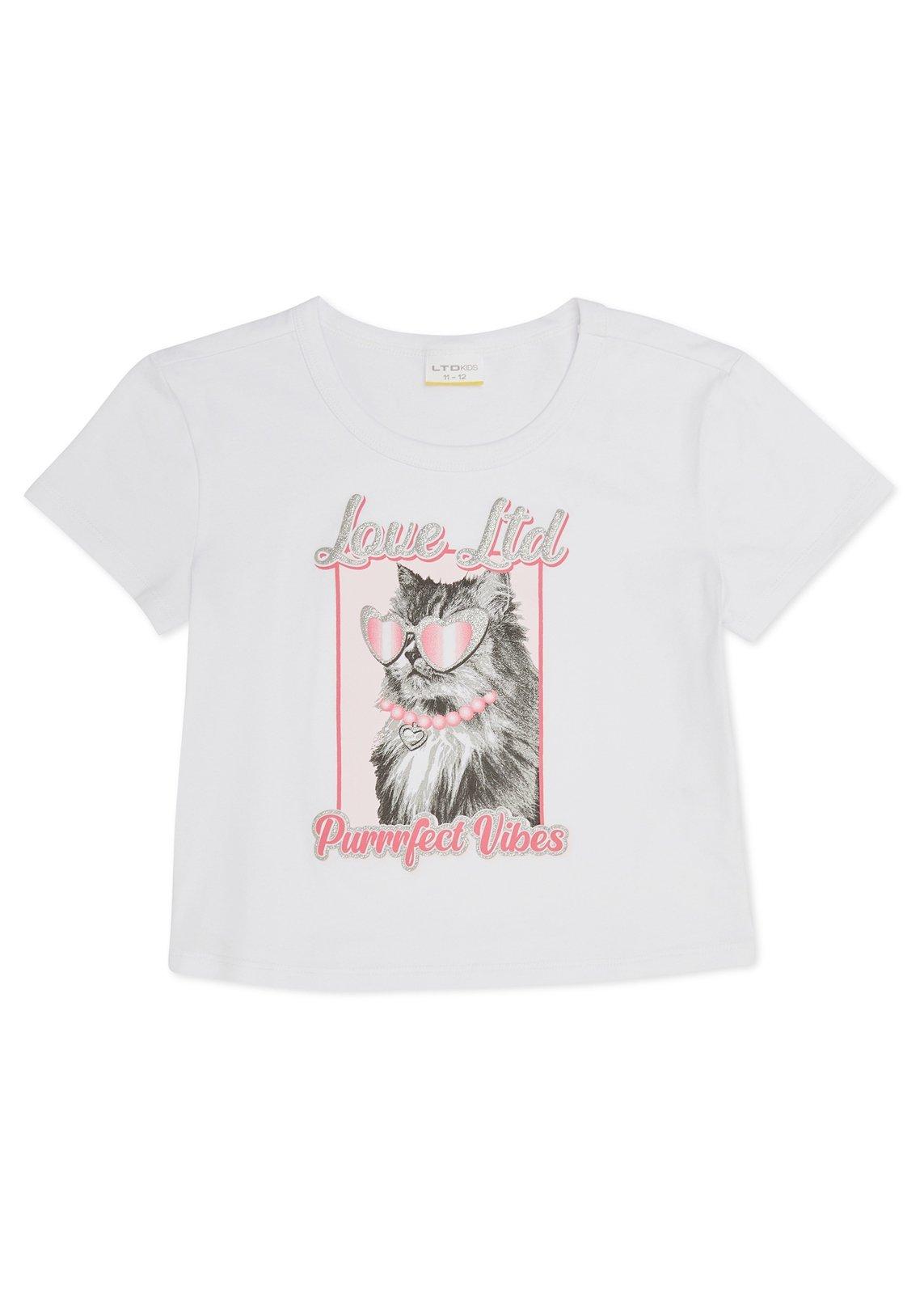 Girls White Cat Graphic T-Shirt (3220600) | LTD Kids