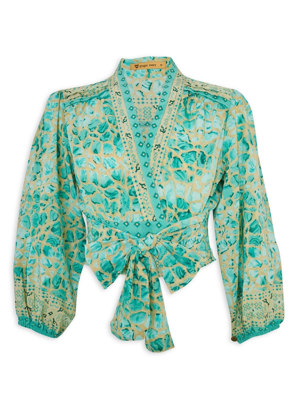 Turquoise Satin Print Wrap Top (3224089) | Ginger Mary