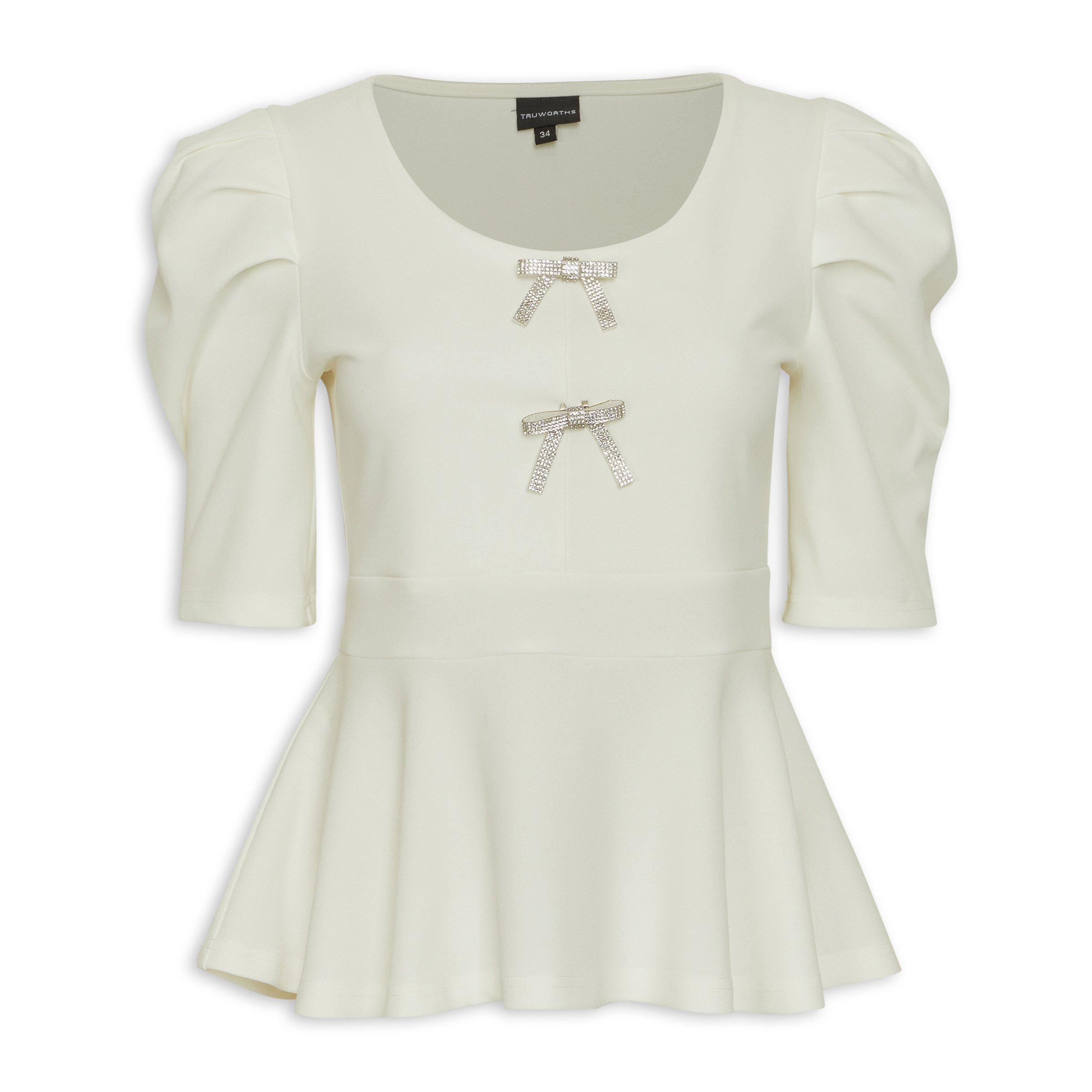 White Peplum Scuba Top with Bow Detail (3226980) | Truworths