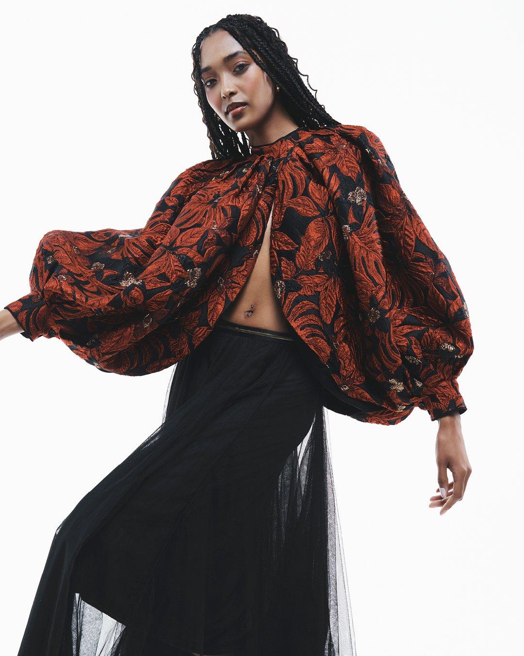 Red Brocade Drama Blouse (3231097) | Miss Port