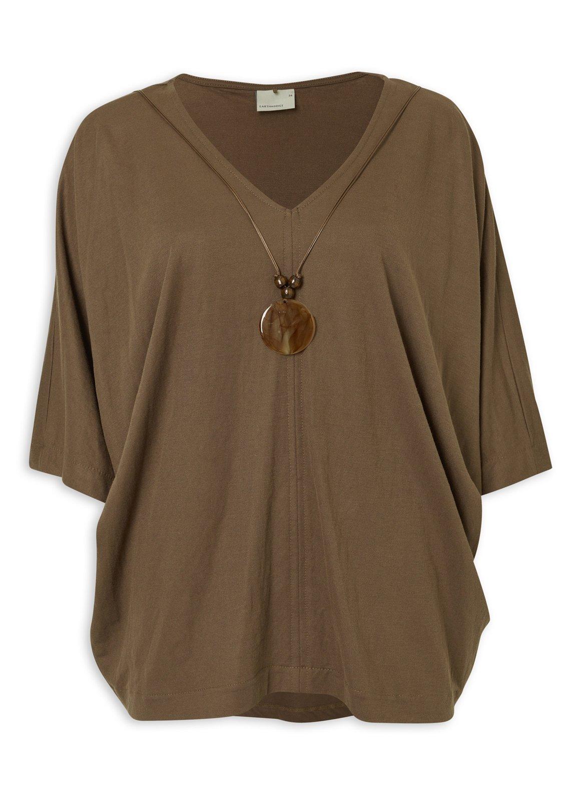 Brown V-Neck Tunic with Charm (3243588) | Earthaddict