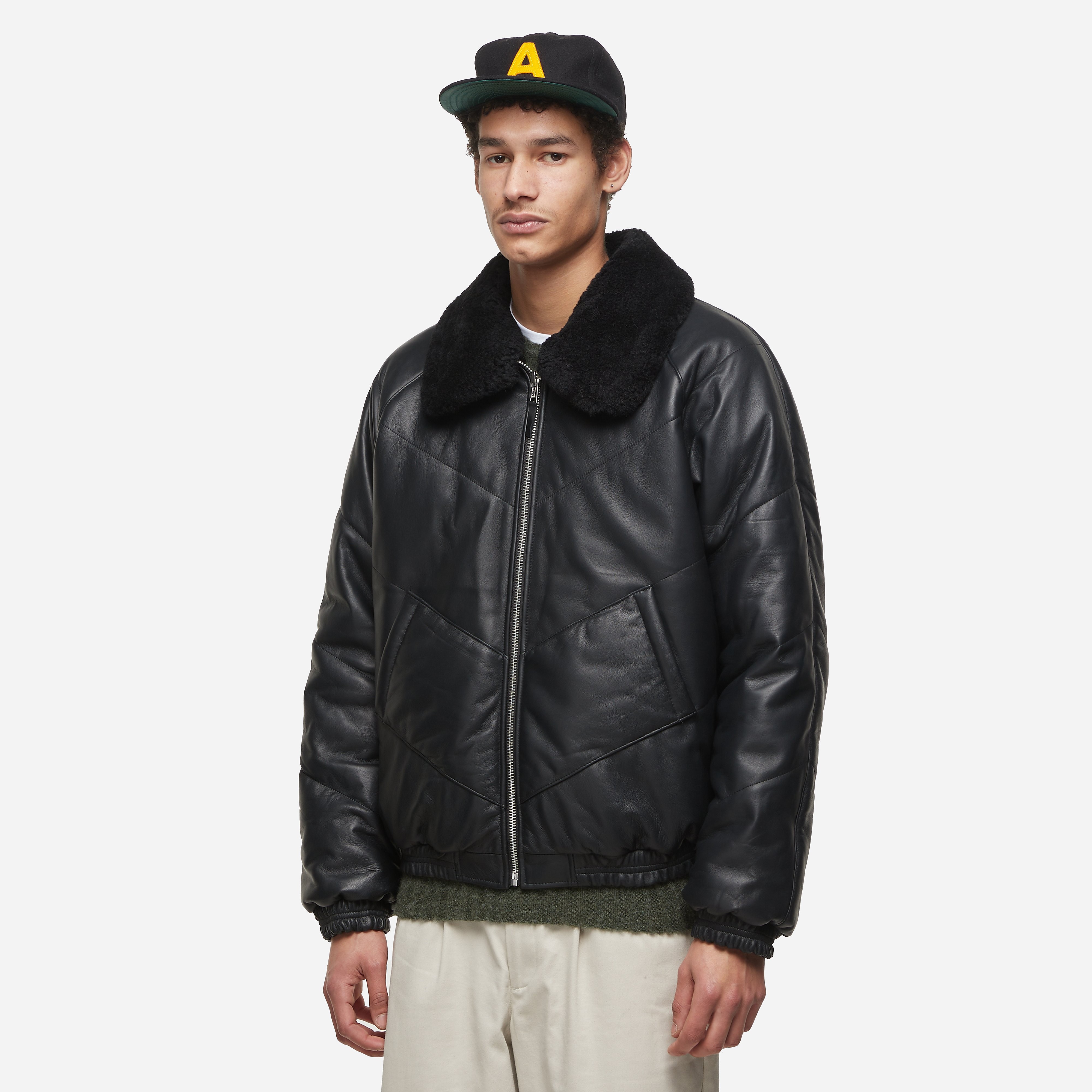YMC Kool Herc Leather Wadded Jacket, Black - Curated Menswear